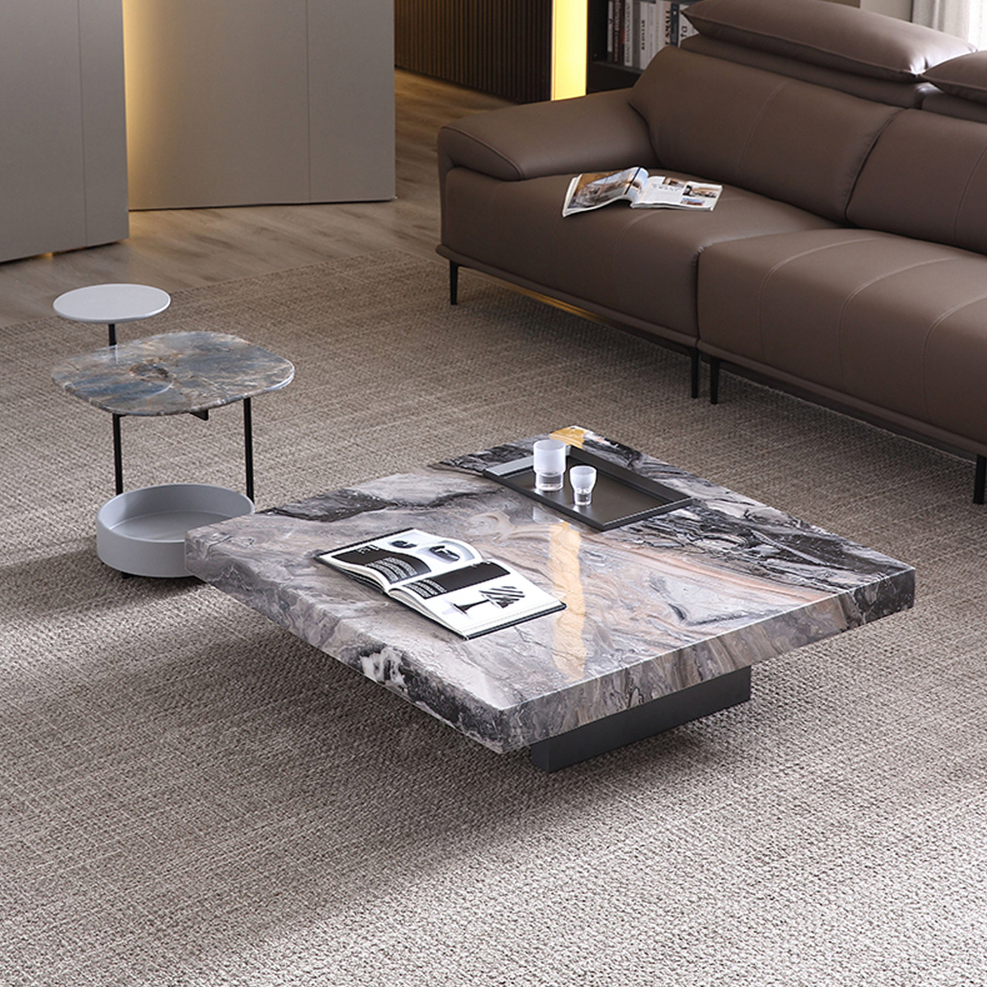Orren Ellis Stylish Marble Coffee Table With Sunken Storage Tray ...