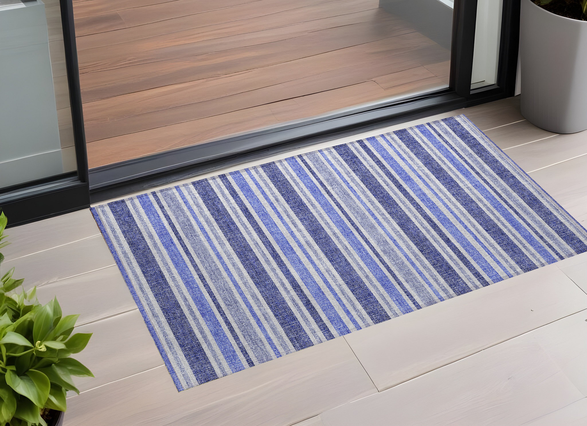 HomeRoots 2' X 3' Blue Striped Washable Non Skid Indoor Outdoor Area ...