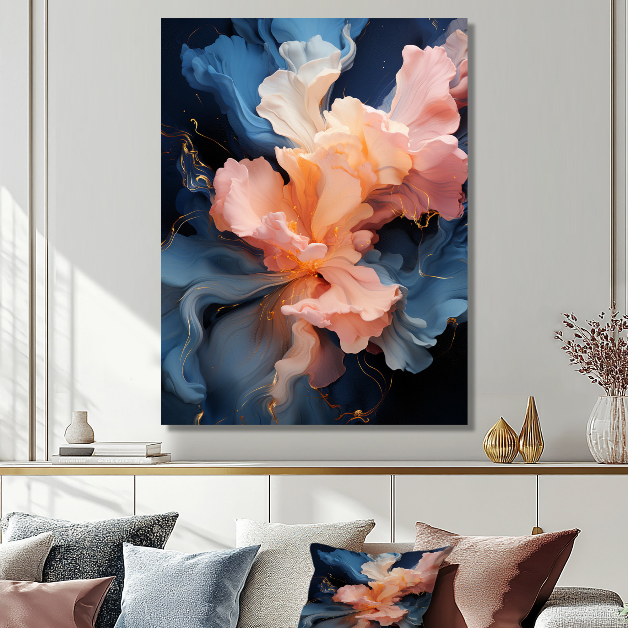 Ivy Bronx Blooming Pastel Pink On Royal Blue - Liquid Ink Abstract Wall ...