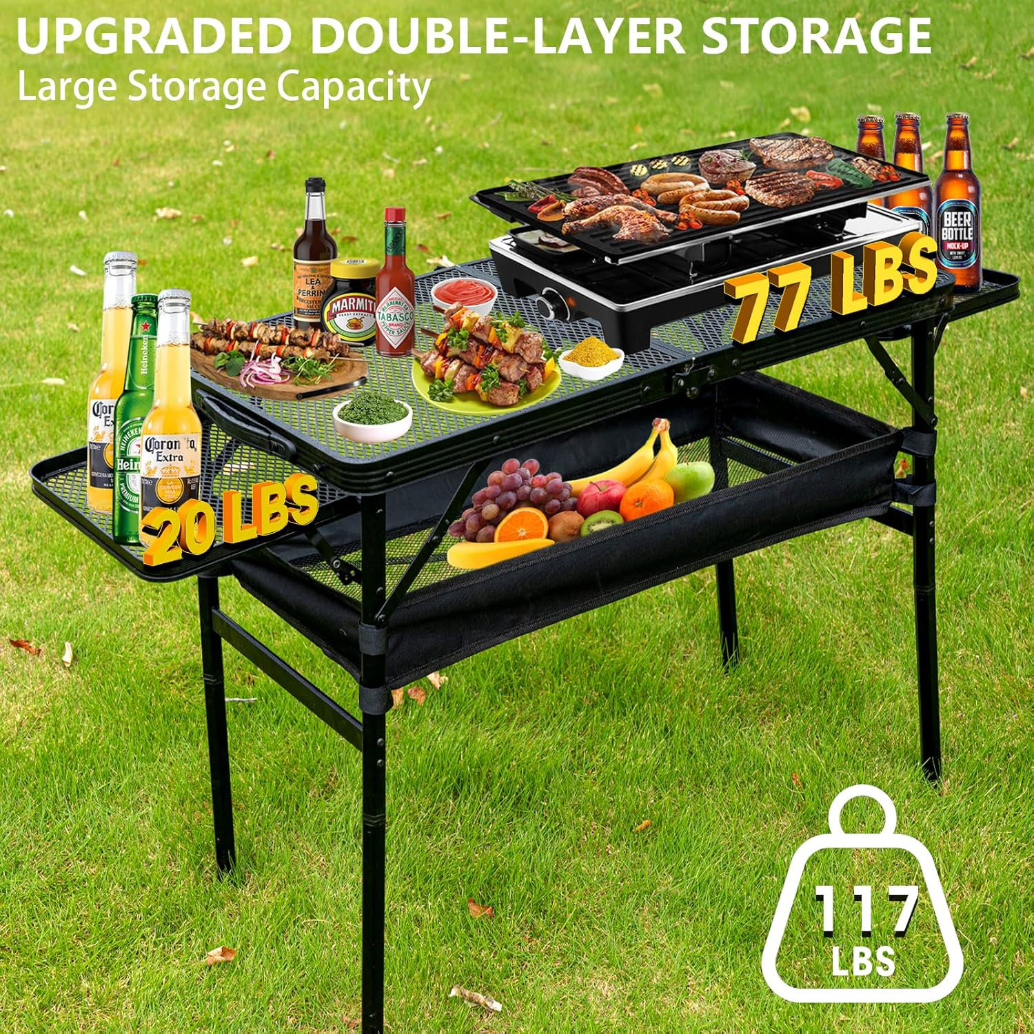 INKEDZ Portable Folding Grill Table, Camping Picnic Table Two Heights ...