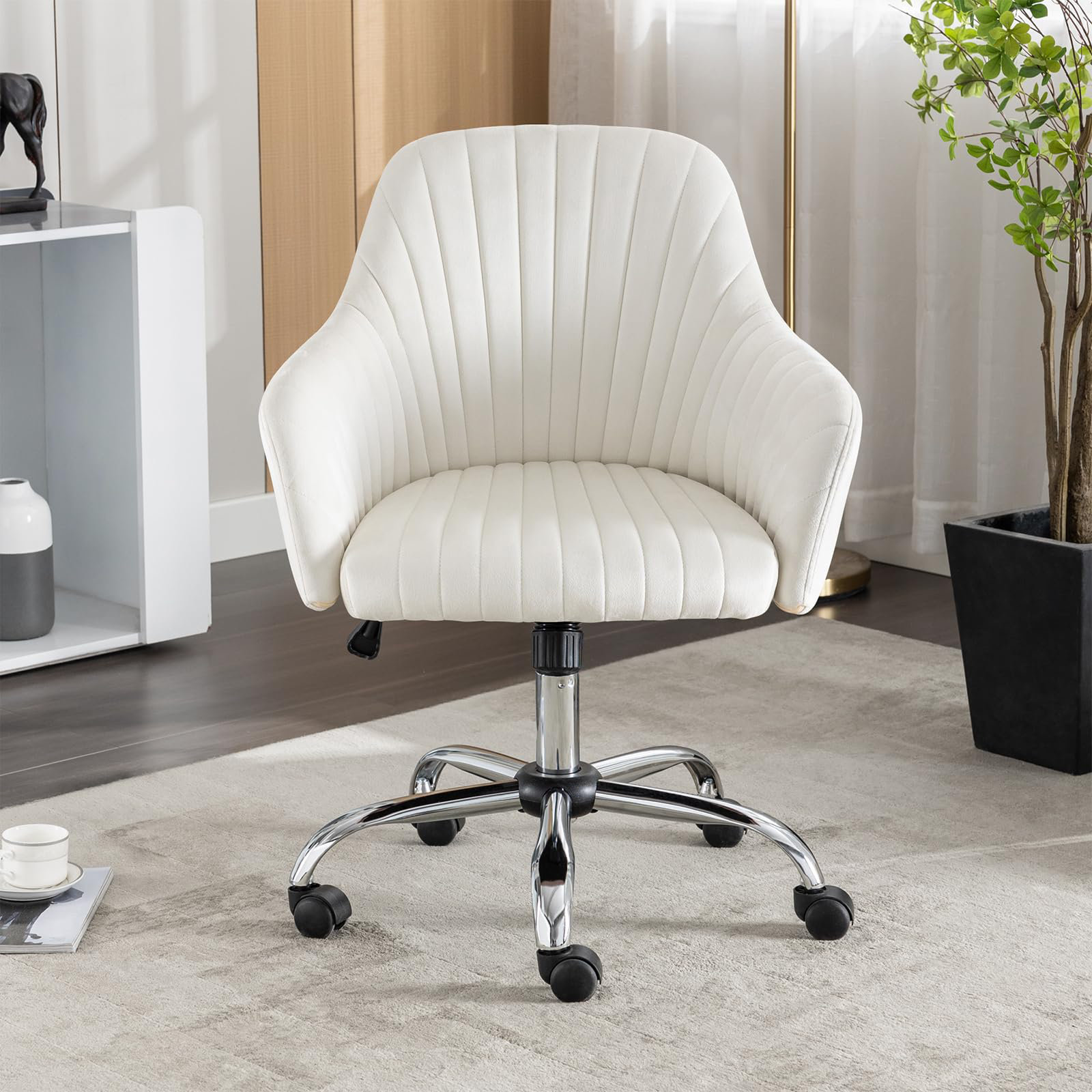 Everly Quinn Modern Velvet Desk Chair, White Vanity Chair With Metal ...