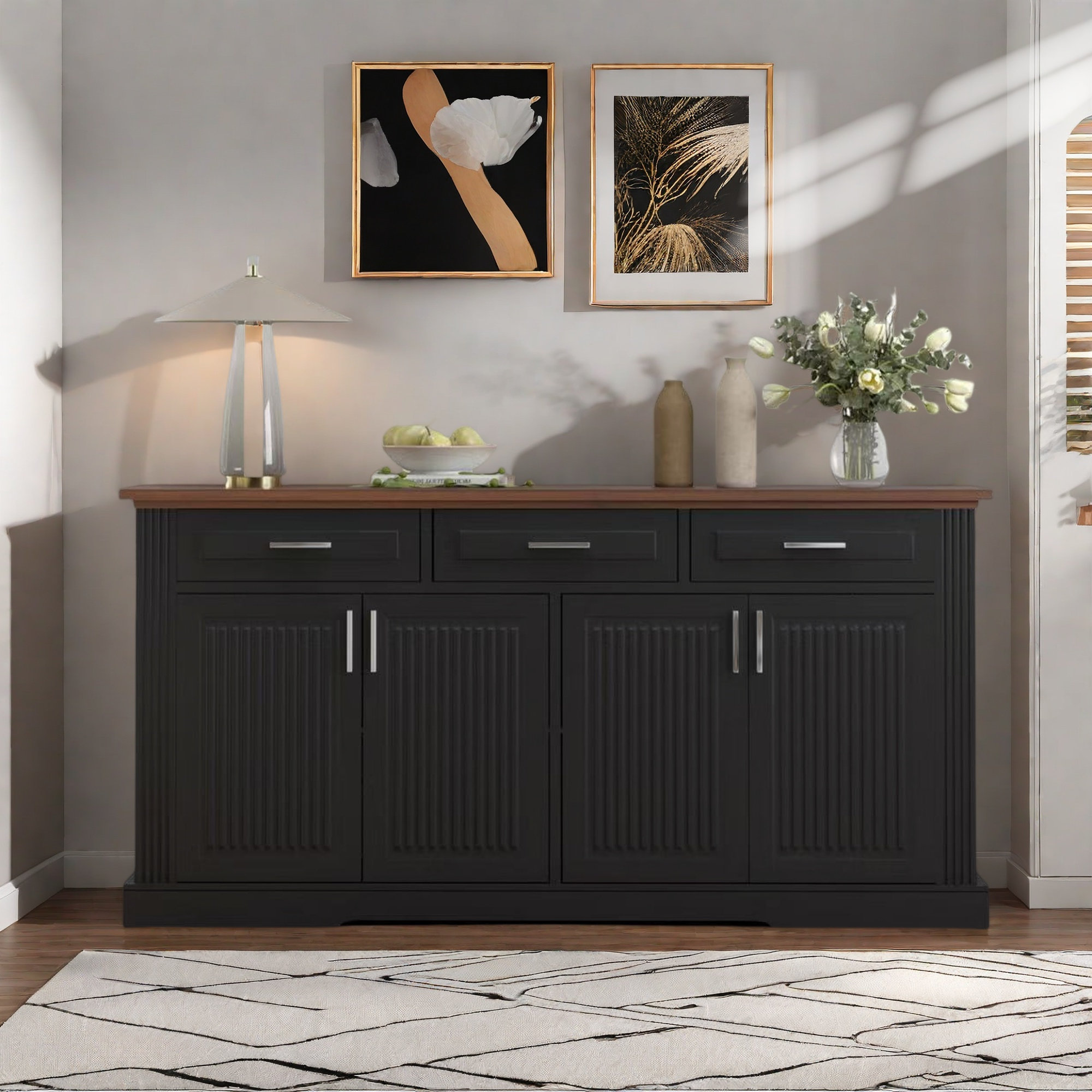 Winston Porter Fluted Sideboard Cabinet With 3 Drawers, Adjustable ...