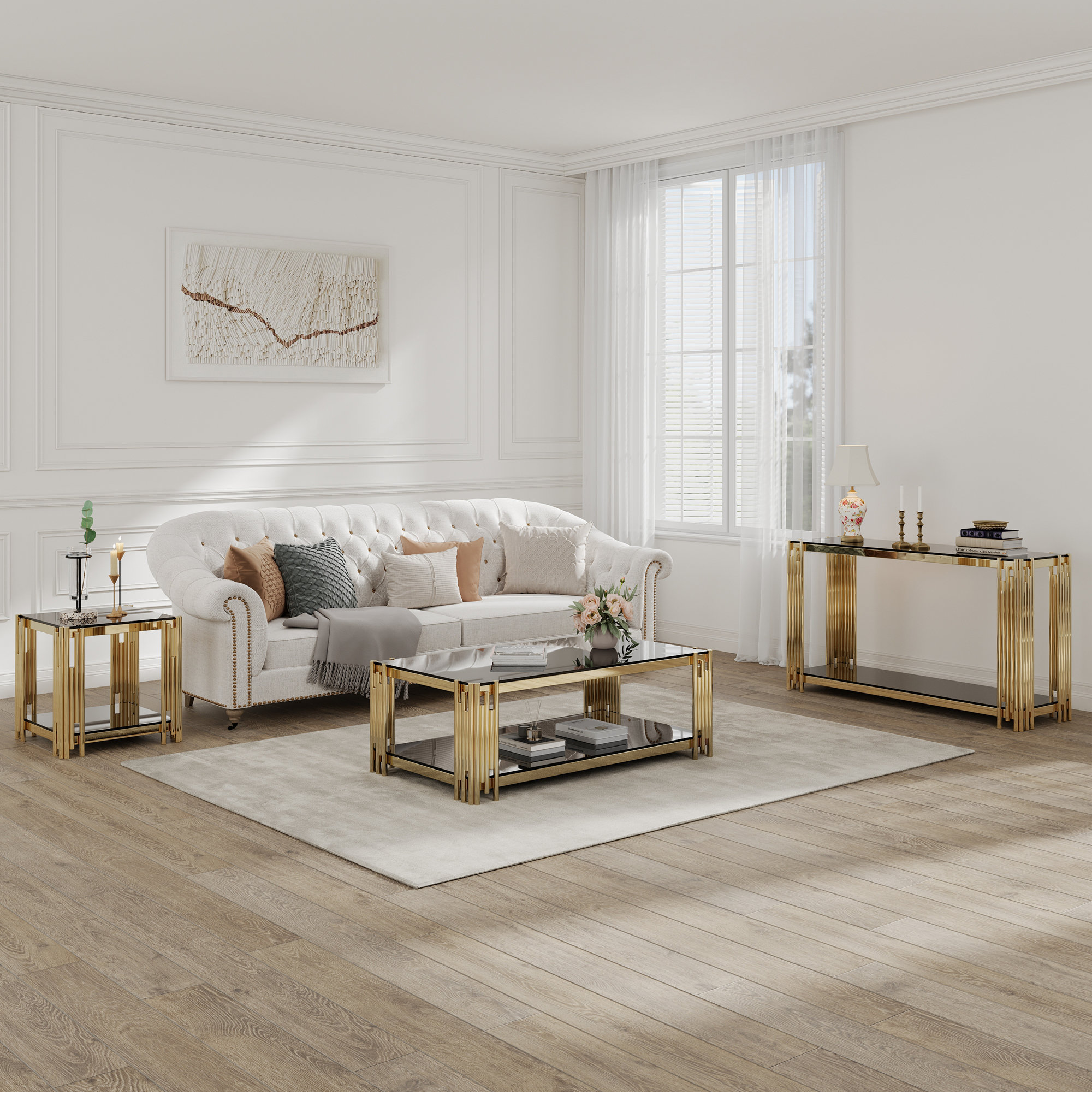 Everly Quinn Modern Glass Console Table, 55" Gold Sofa Table With ...