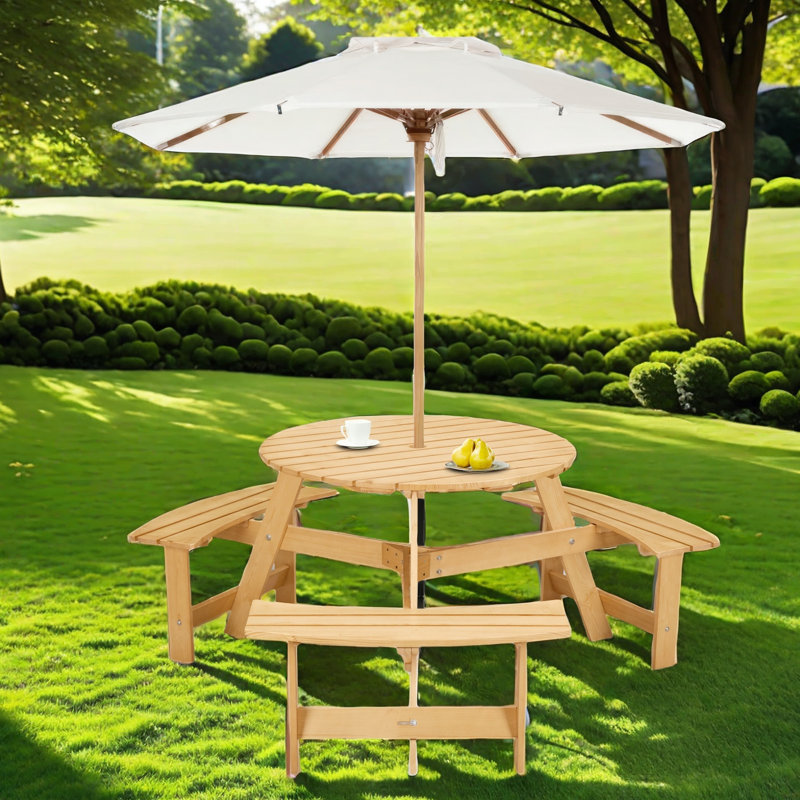 Latitude Run® Evislandys Outdoor 6-Person Round Picnic Table with 3 ...