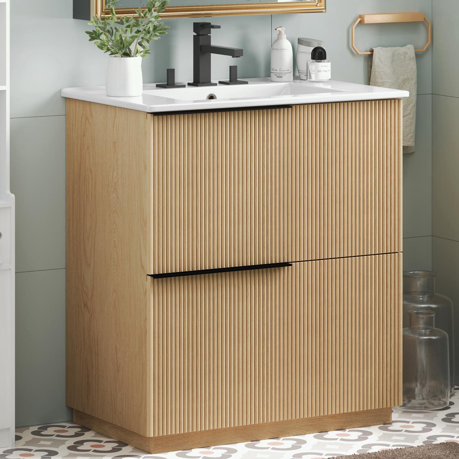Hokku Designs Meuble-lavabo avec lavabo en céramique, 2 tiroirs et ...
