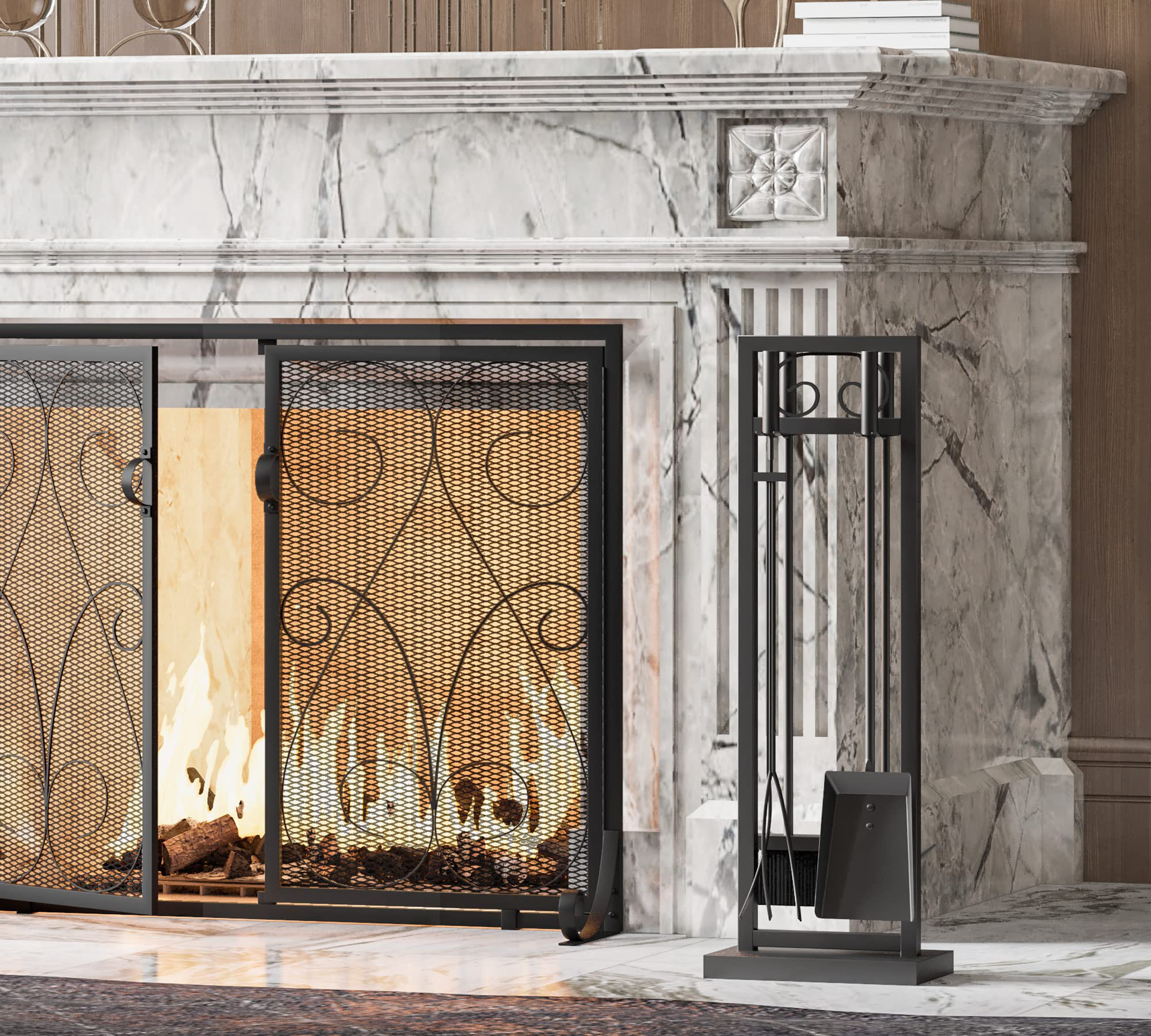 XMVJHOME 5-Piece Black Wrought Iron Fireplace Tool Set With Scroll ...