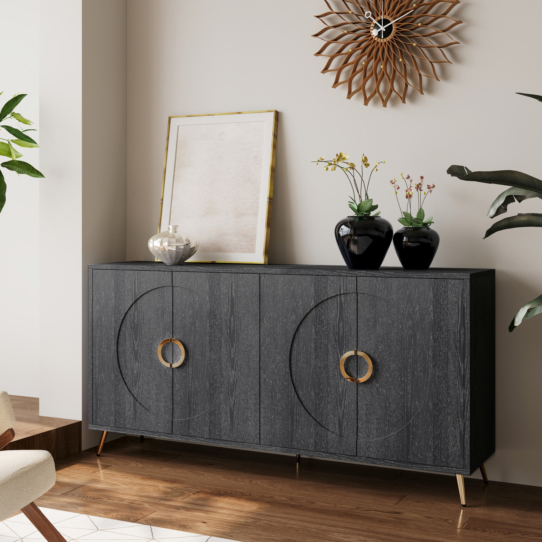 Mercer41 4 Door Sideboard Buffet Server Cabinet In Distressed Black ...