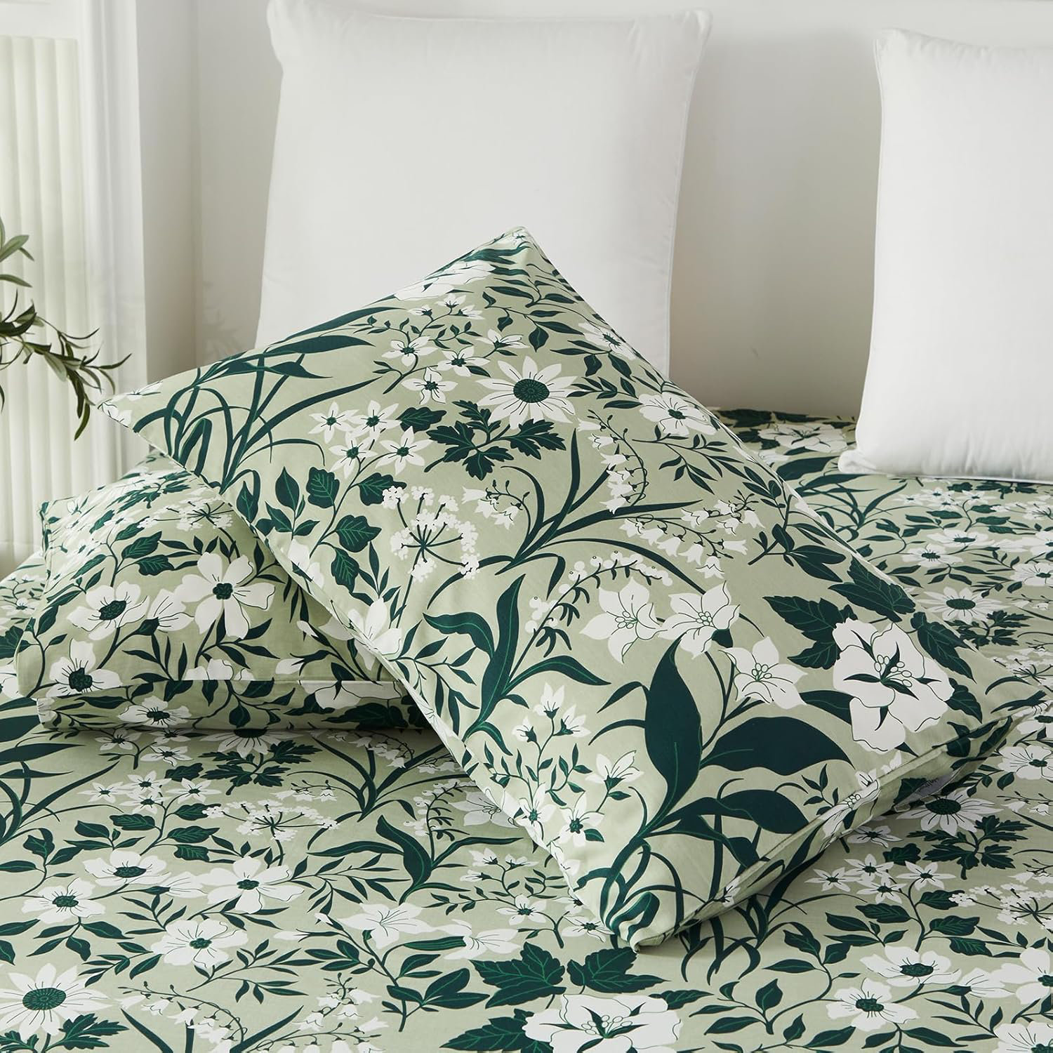 AMIPOR Floral Sheet Set Queen, 100% Cotton Green Floral Printed Bed ...