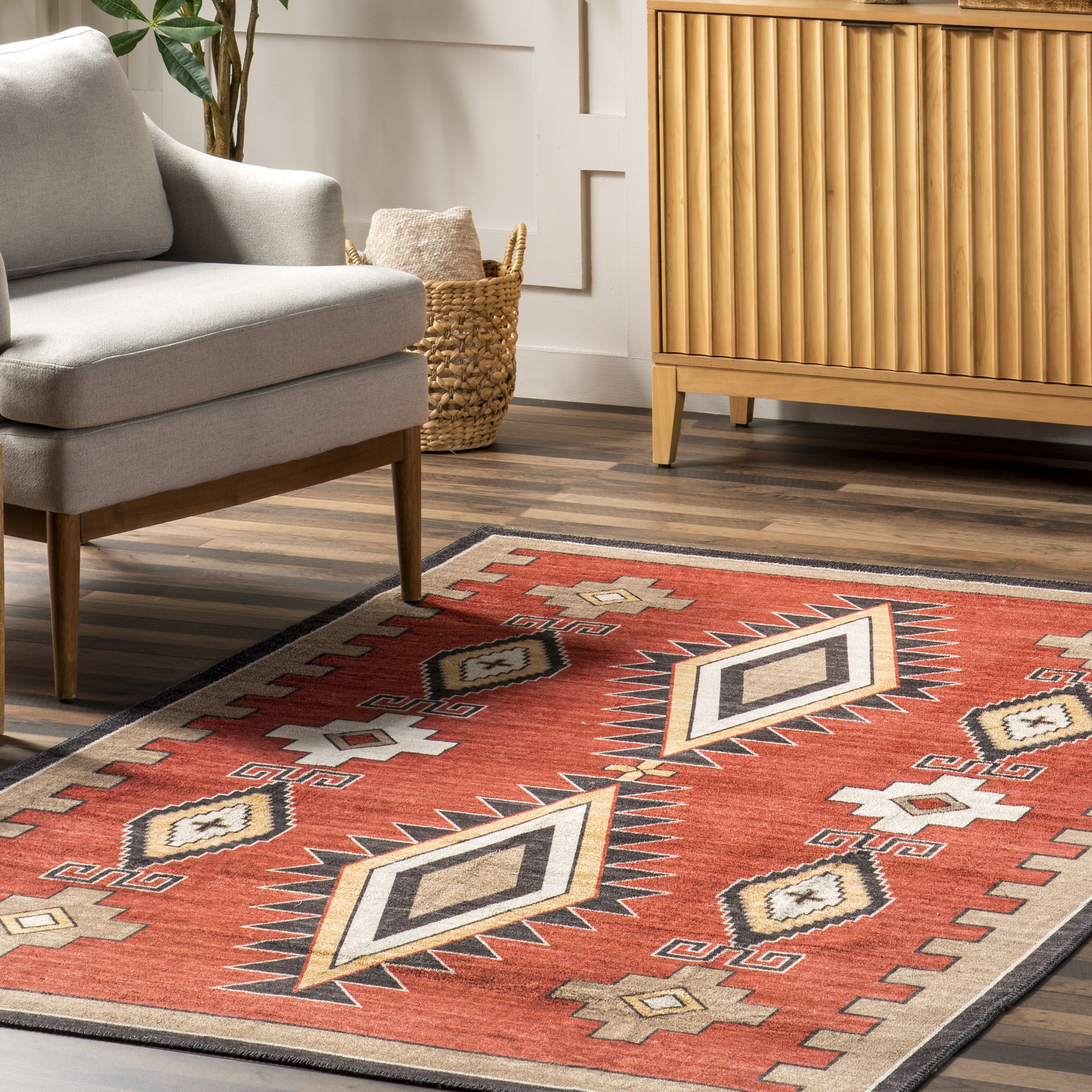 Union Rustic Frosica Aztec Machine Washable Performance Red Rug ...