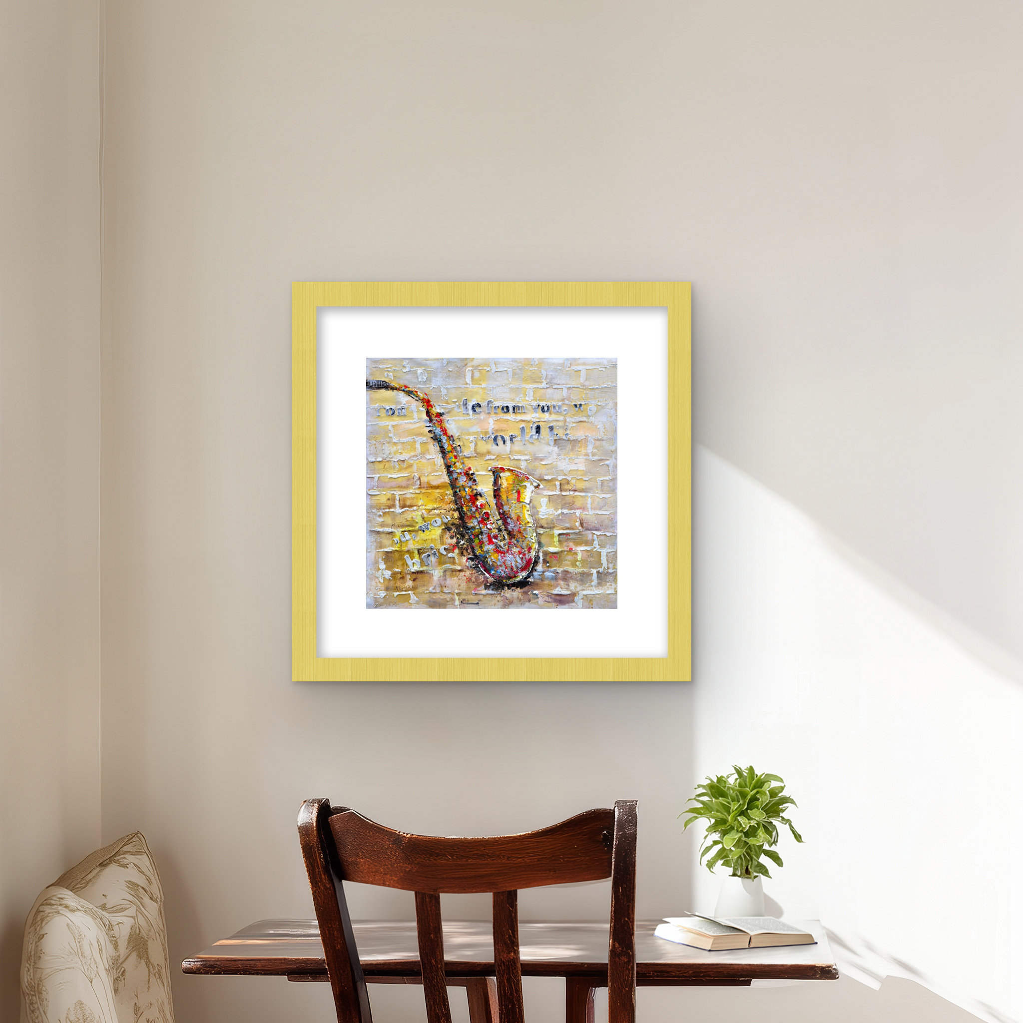 Lark Manor™ Saxophone on Brick Wall - Framed Matted Print for Home ...
