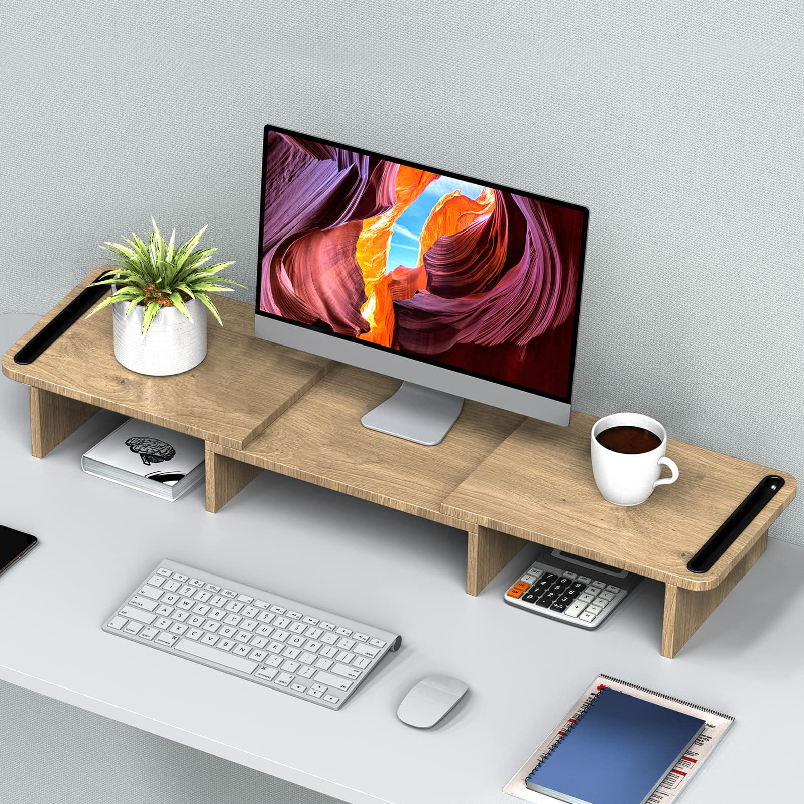 wanmo Dual Monitor Riser, Adjustable Length & Angle, Wooden Stand For 2 ...
