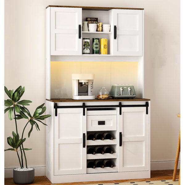 Gracie Oaks Farmhouse Pantry With Sliding Barn Door, Open Shelves, 1 ...