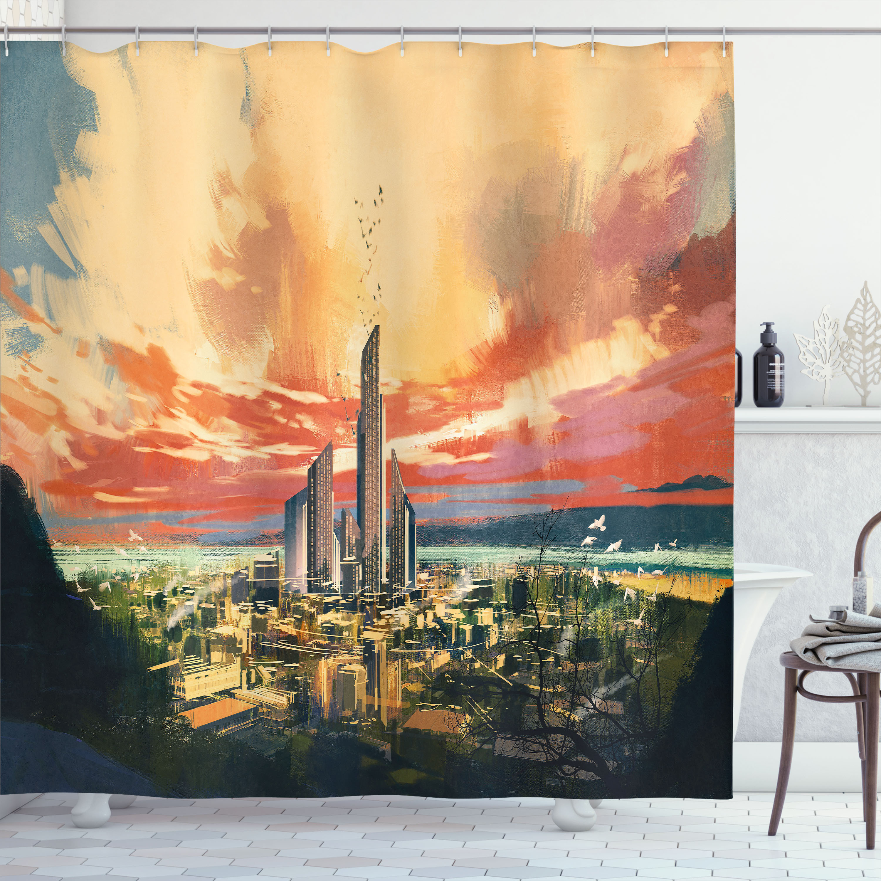 East Urban Home Urban Shower Curtain Modern Harbor Cityscape Multicolor ...