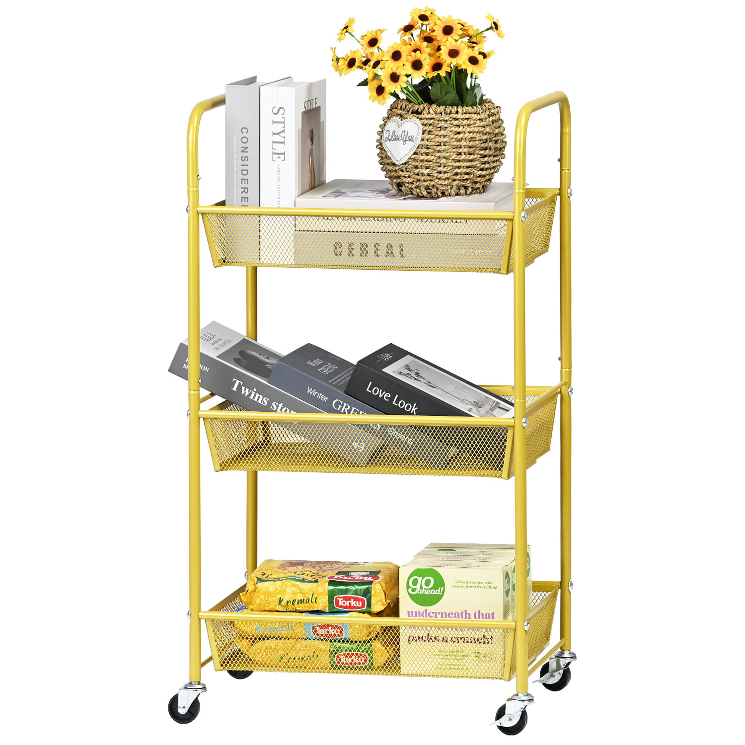 SUFAUY 3-Tier Utility Cart Rolling with Handles for Office, Living Room ...