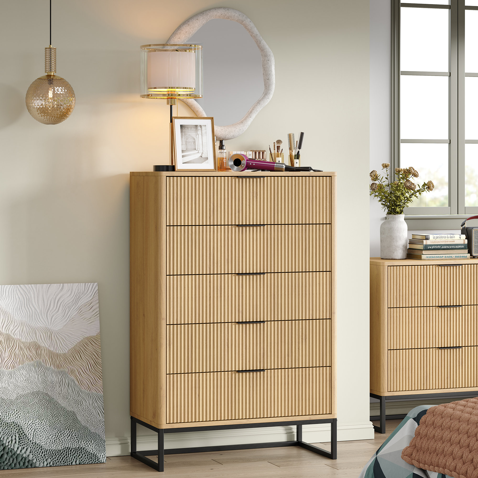 Ebern Designs Semin Fluted Design 5-Drawers Dresser Organizer, Wood ...