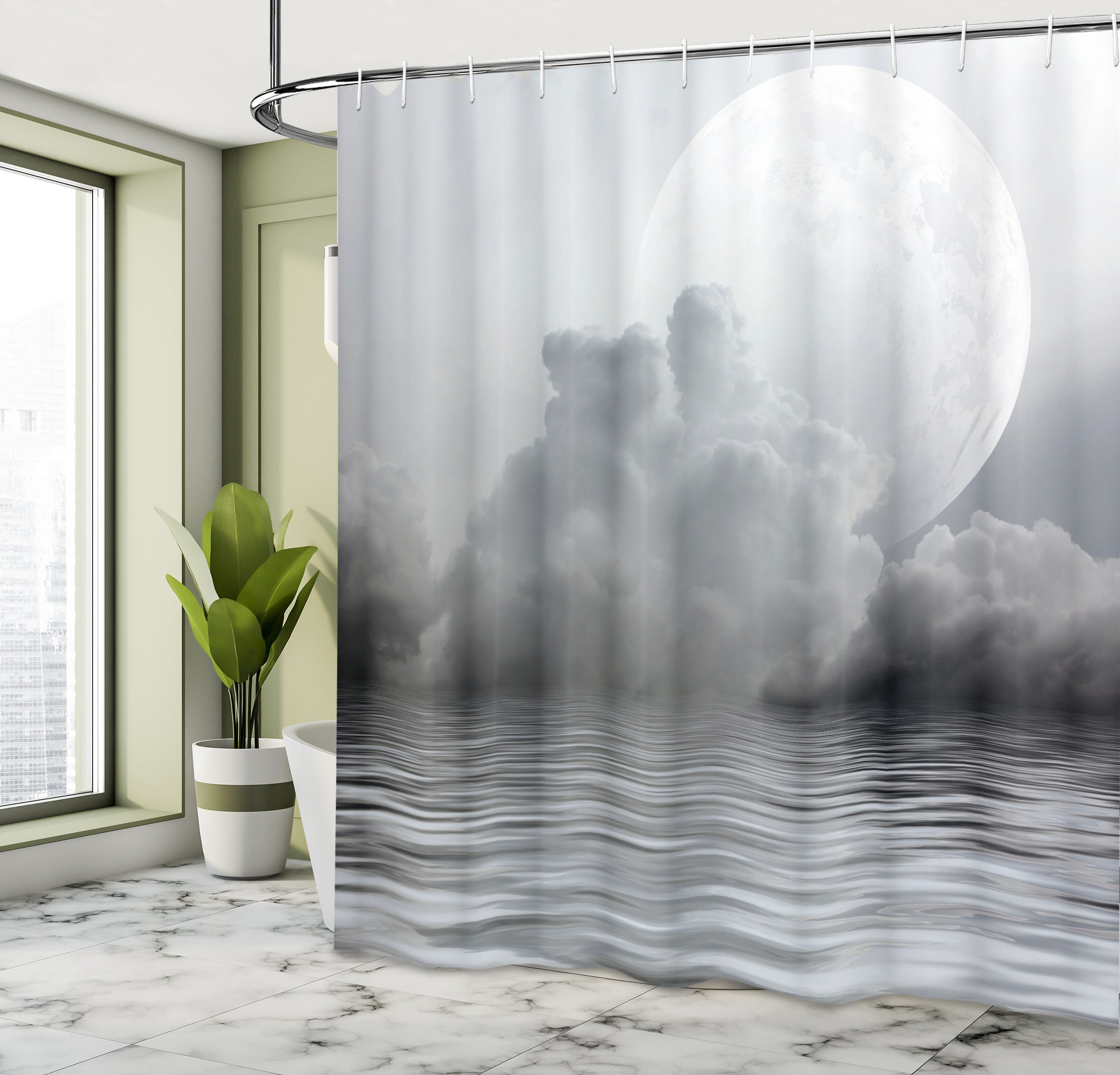 Latitude Run® Moon Shower Curtain Misty Air and Ocean Art Black Pale ...