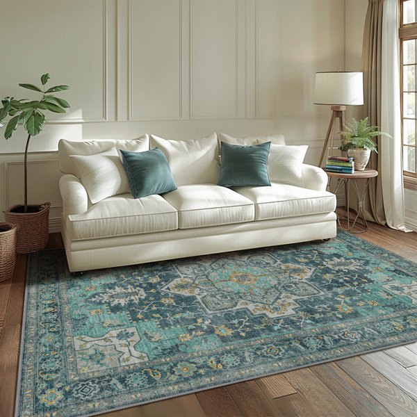 Bungalow Rose Roehit Oriental Teal Machine Washable Non-slip Rugs ...