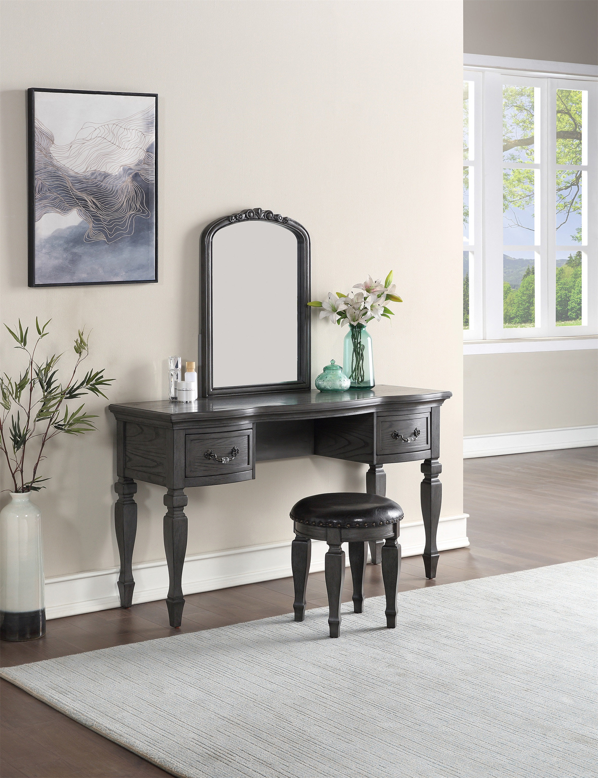 Canora Grey Bedroom Classic Vanity Set Wooden Carved Mirror Stool ...
