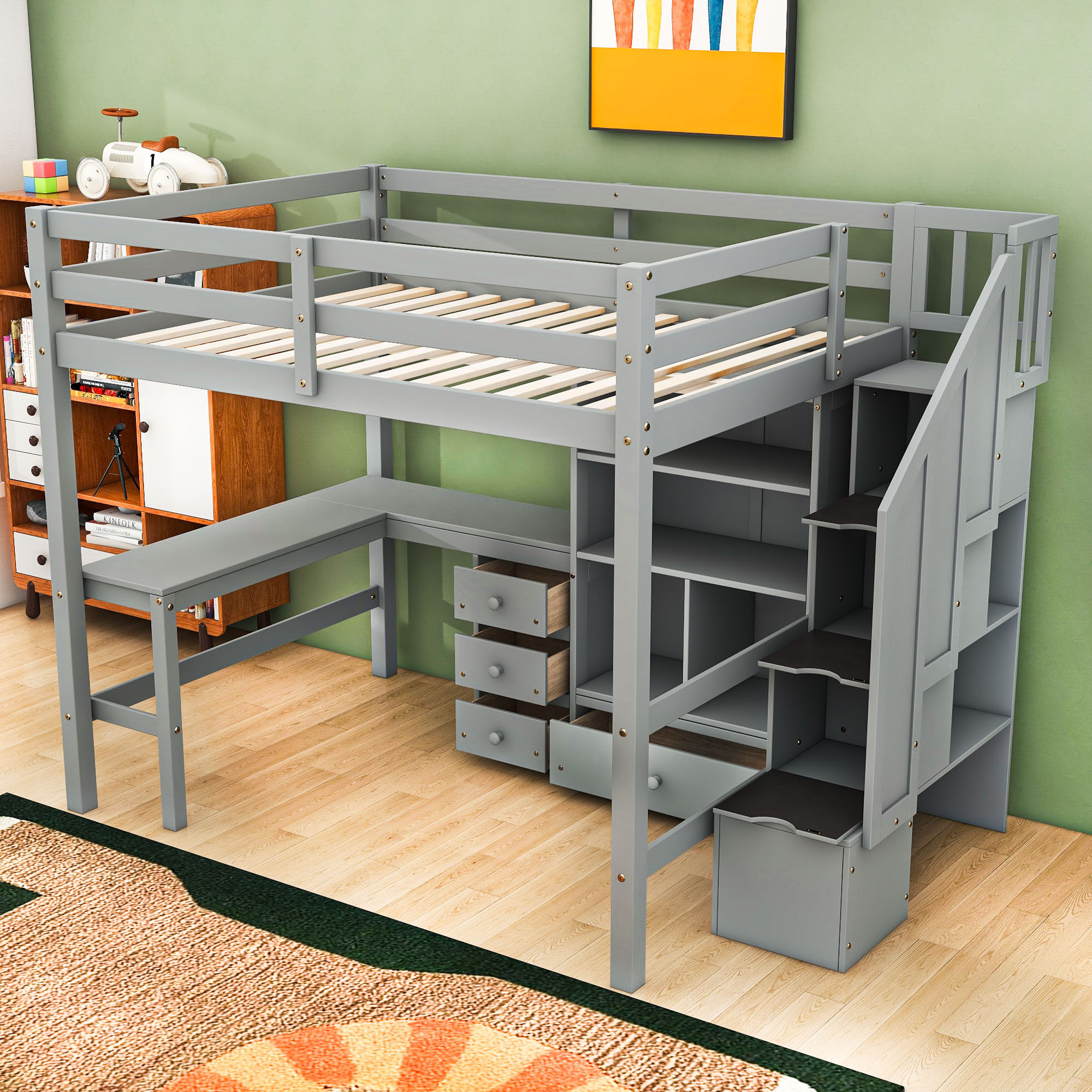 Harriet Bee Full Loft Bed With L-Shaped Desk And Ample Storage Drawers ...