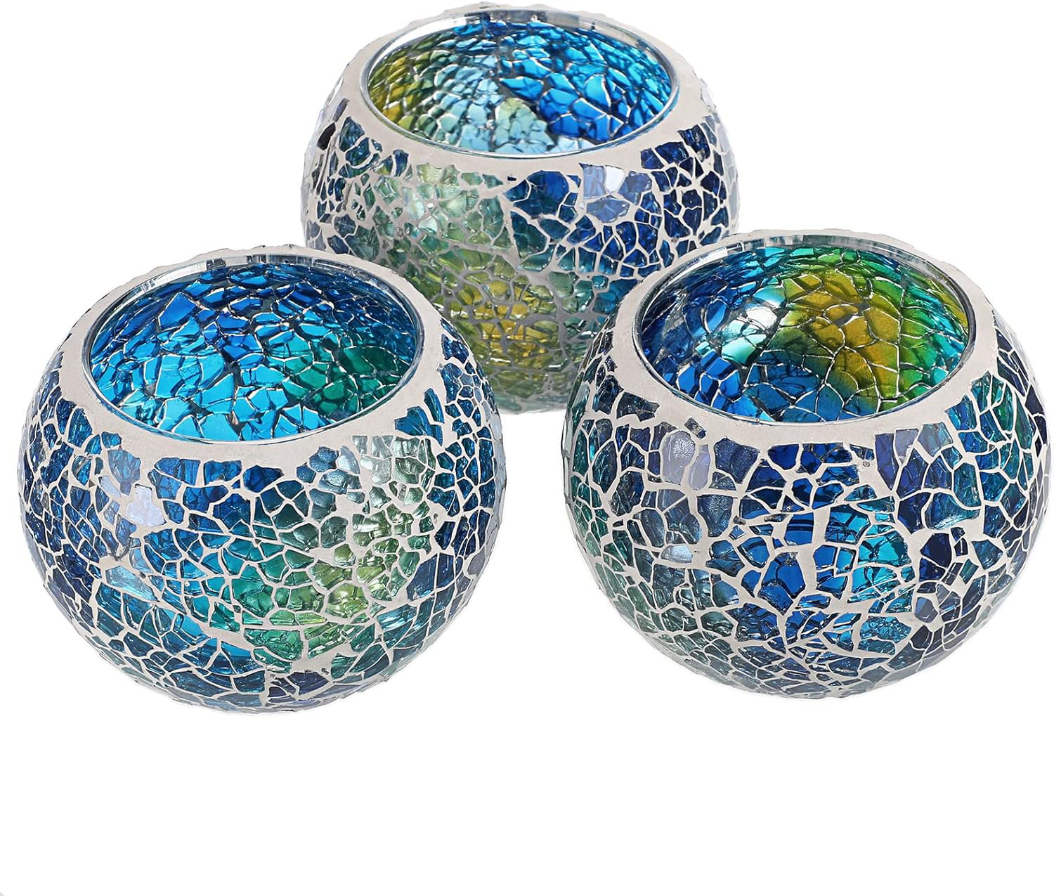 Orren Ellis Set Of 3 Blue Mosaic Glass Tea Light Holders Round Bowl ...