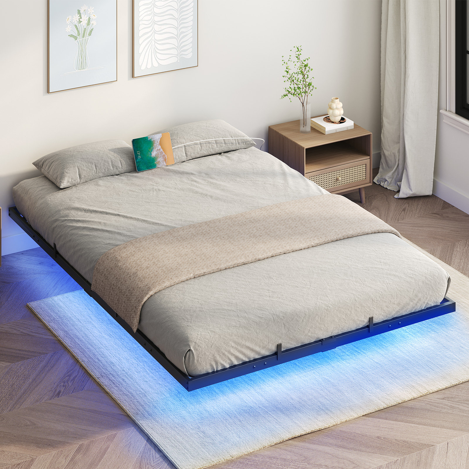 Wrought Studio™ Floating Bed Frame with Charging Station and LED Lights ...