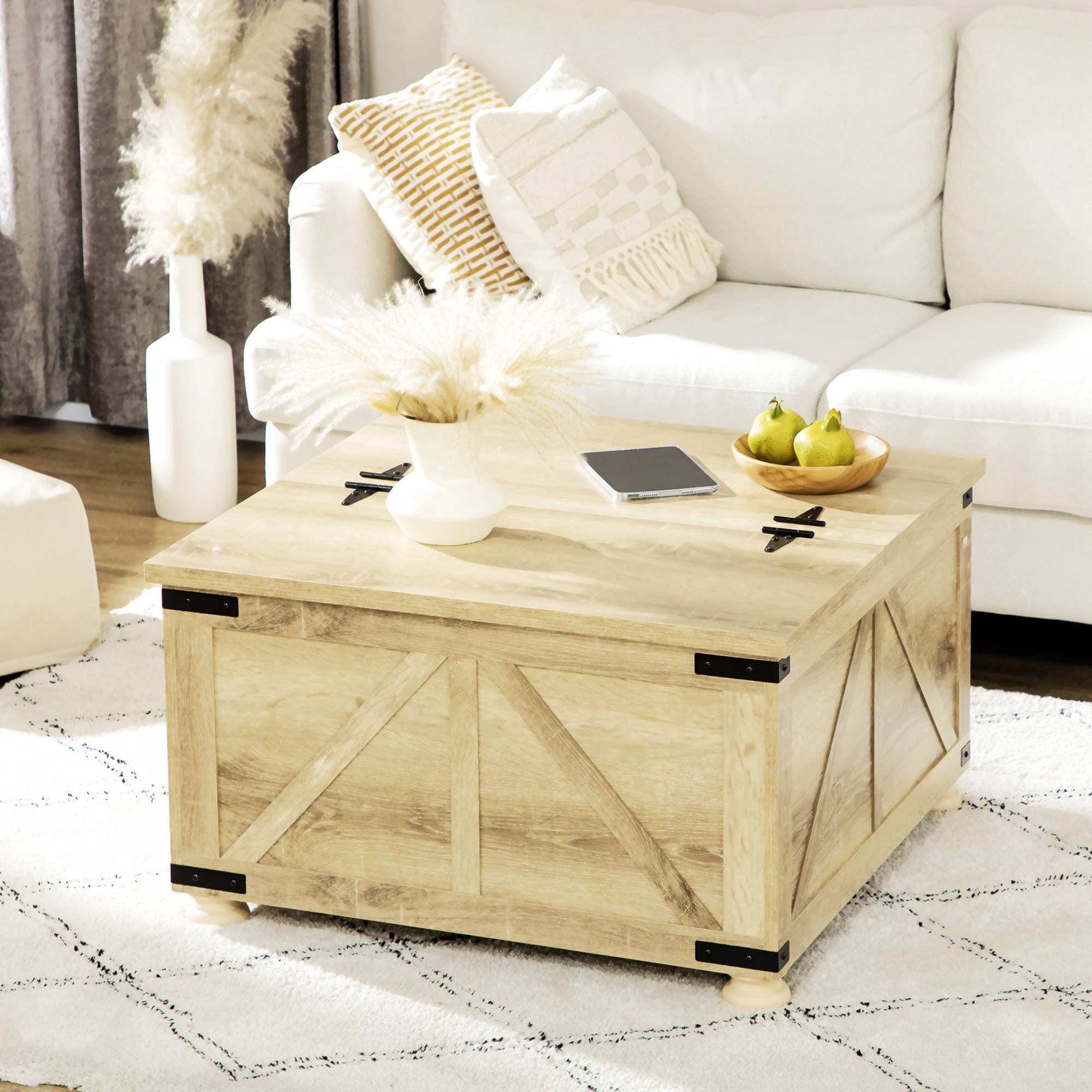 August Grove HOMCOM Farmhouse Coffee Table with Storage, Square Coffee ...