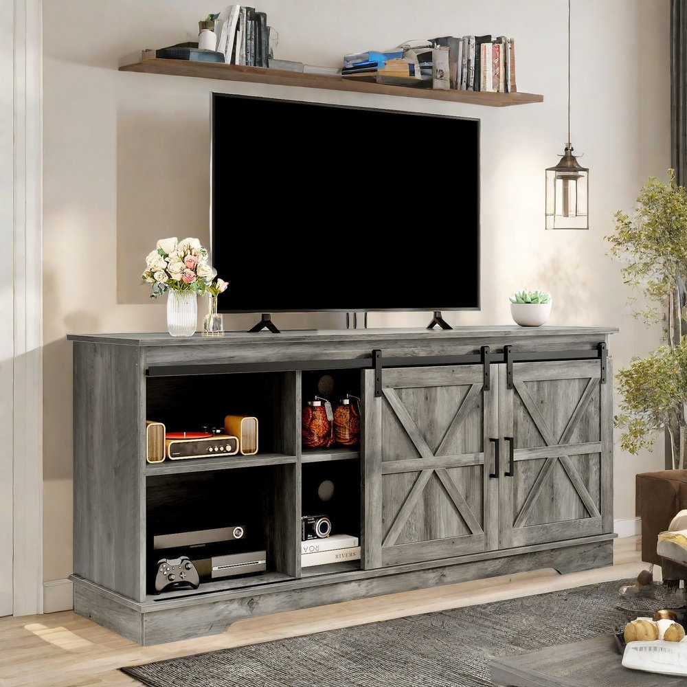 Gracie Oaks Farmhouse Entertainment Centre Rustic Media Console TV Stand With Sliding Barn Doors ...