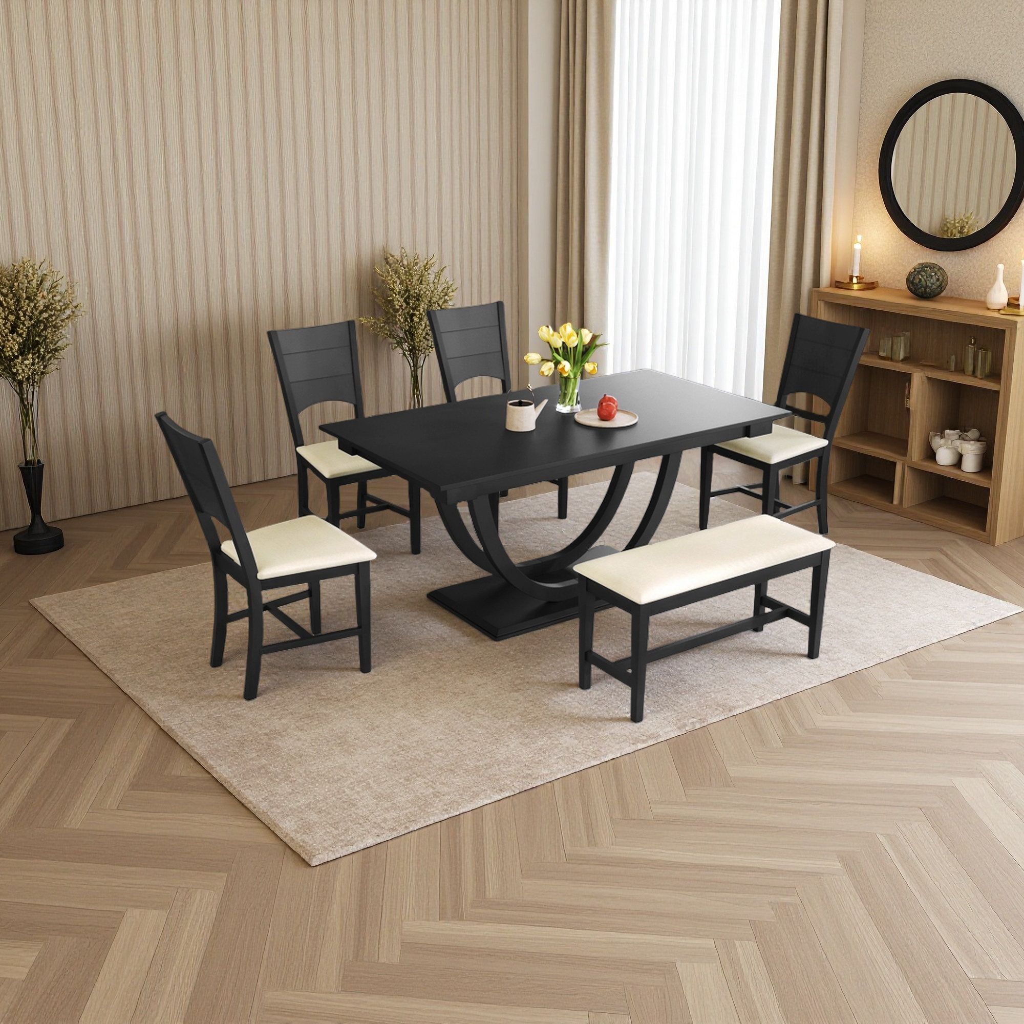 Lark Manor™ 6-Piece Wood Half Round Dining Table Set Kitchen Table Set With Long Bench And 4 ...