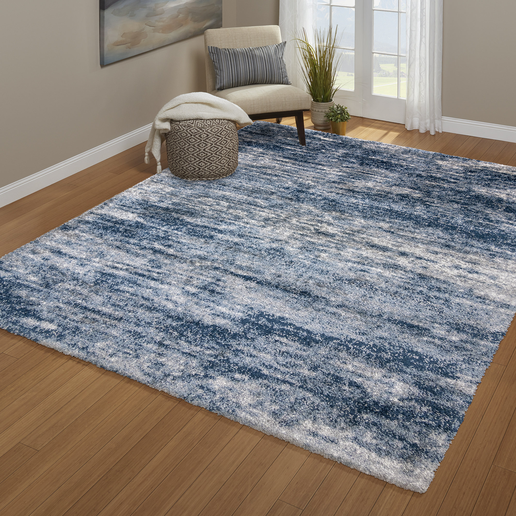 Gertmenian Chaise Kobuk Modern Abstract Navy/Blue/Ivory Plush Shag Area ...