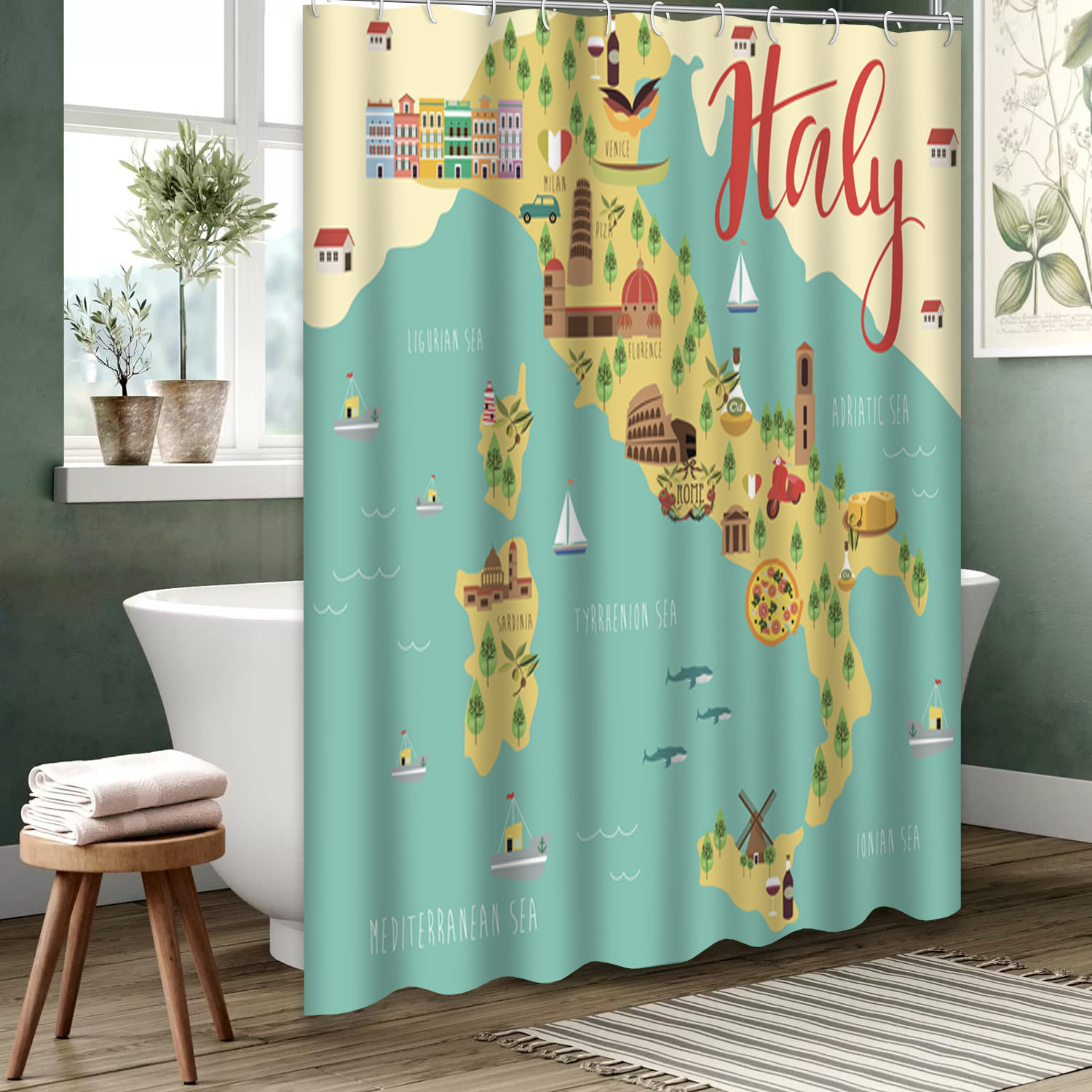 East Urban Home Earth Ocean Waterproof Shower Curtain,Map Italy with ...