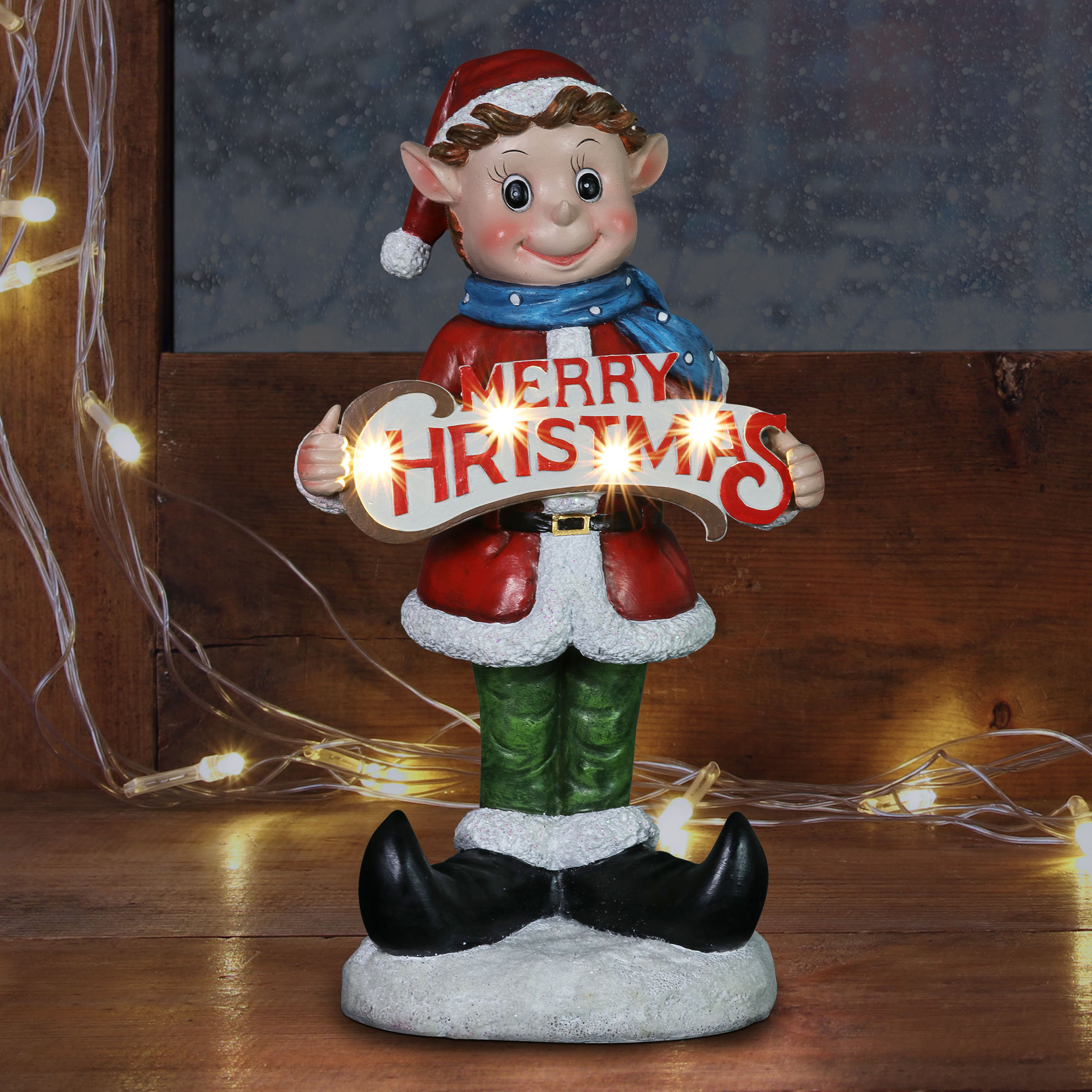 Exhart Hand Painted Holiday Elf with LED Merry Christmas Sign Statuary ...