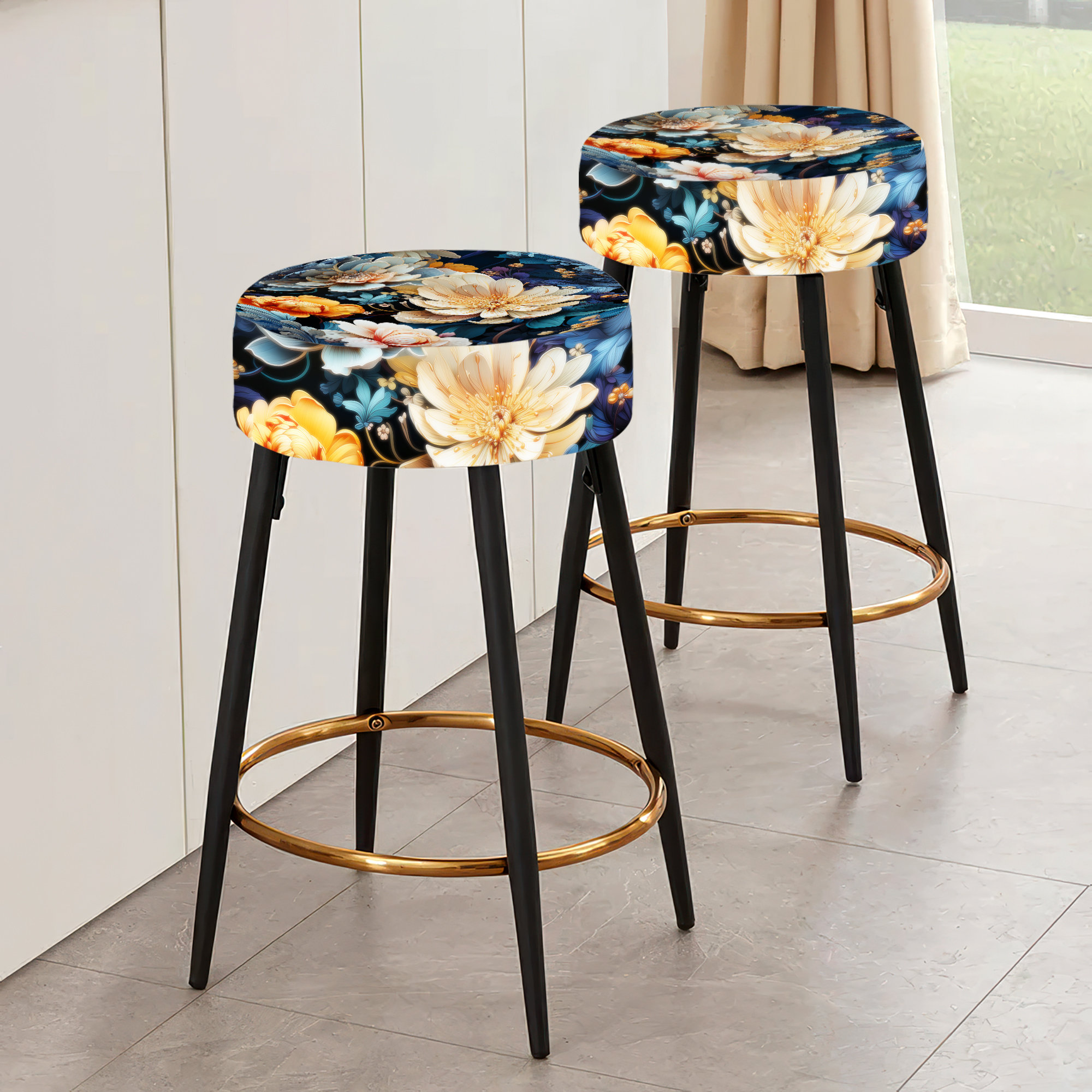 Design Art Beige Ornate Blooming Legacy Delight - Floral Bar Stools Set ...