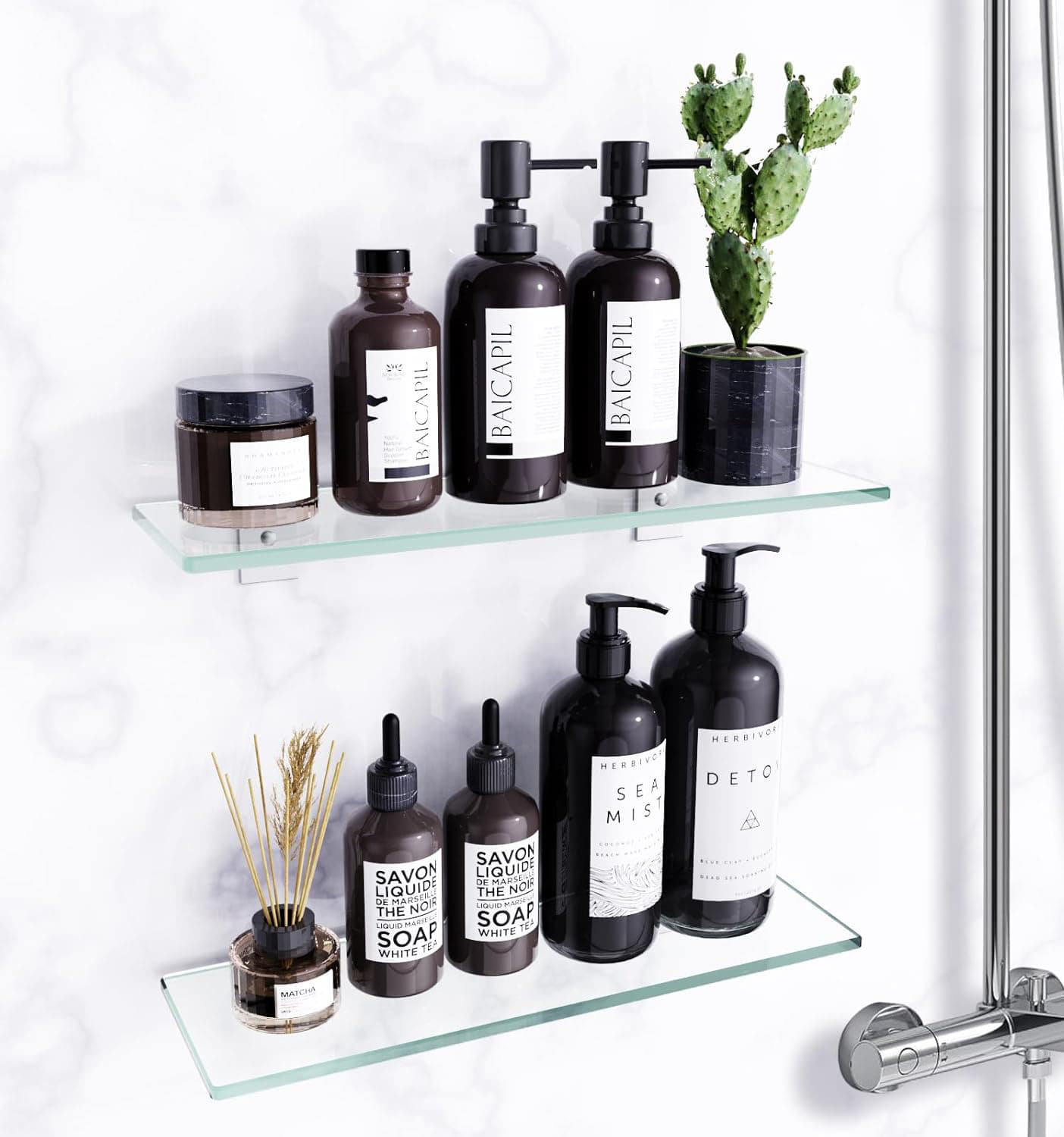 Ivy Bronx 2-Pack Glass Shower Shelves - Adhesive Wall-Mounted Caddy ...