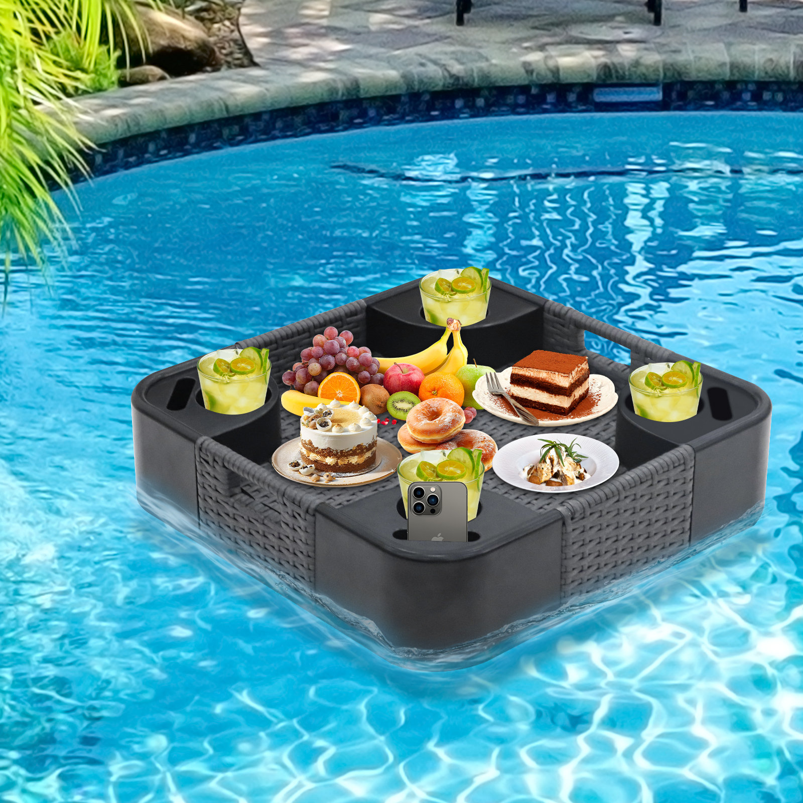 INTER HUT Floating Drink Tray For Pool, Tub, Square Wicker Serving Tray ...