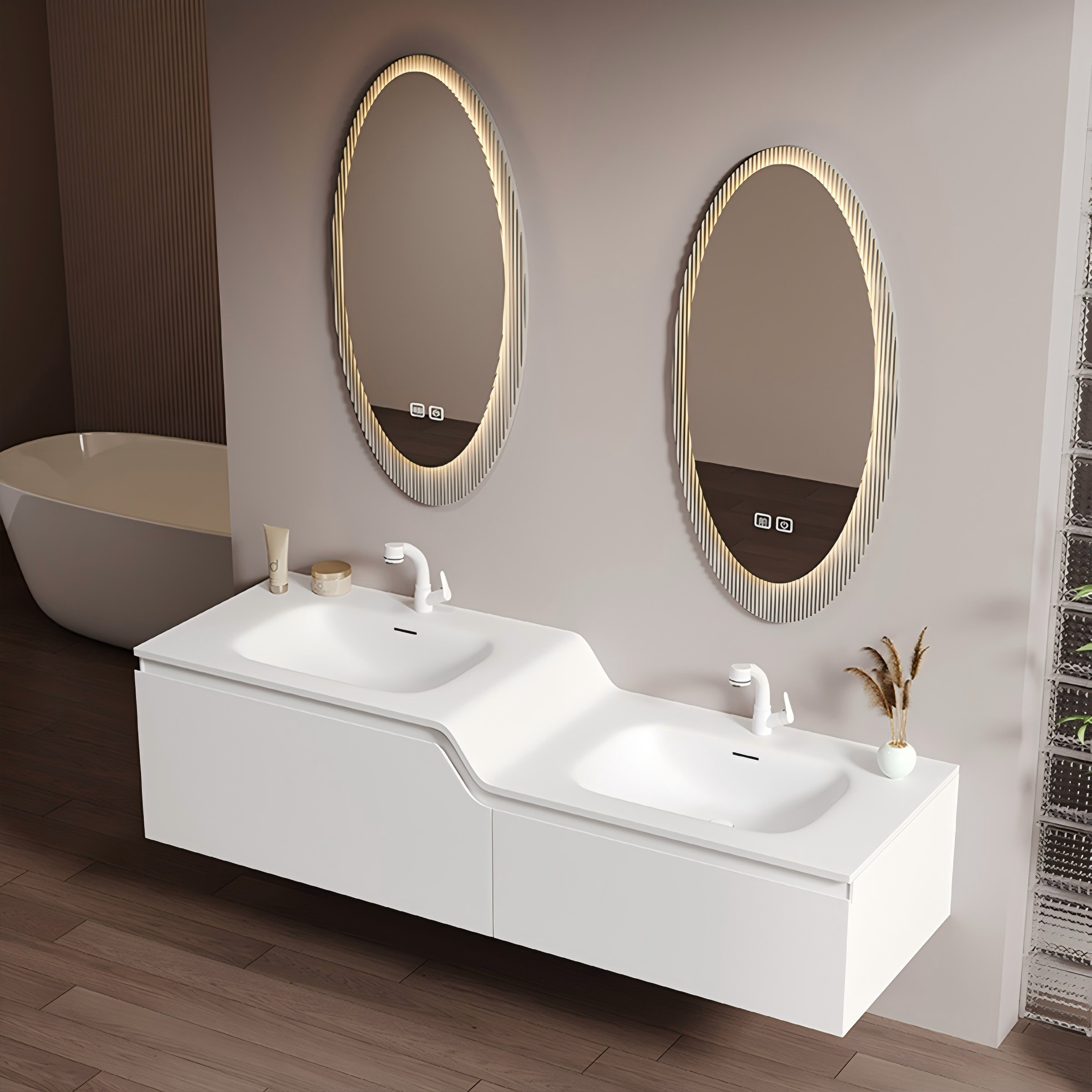 Hokku Designs 62.99"Cream Rubberwood Wall-Mounted Bathroom Double ...