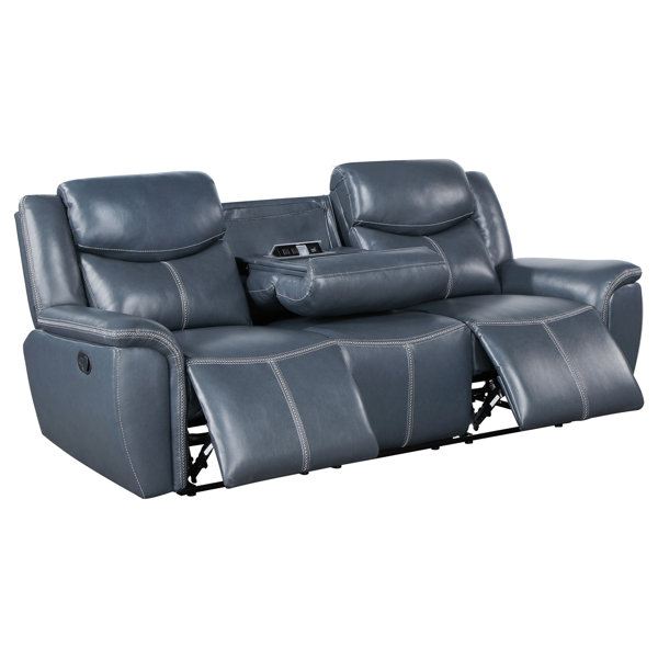 Benjara Eleni Manual Recliner Sofa, Drop Down Table, Blue Faux Leather ...