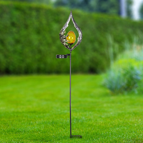 Exhart Sun on a Silver Teardrop Solar Garden Stake with Amber Glass ...