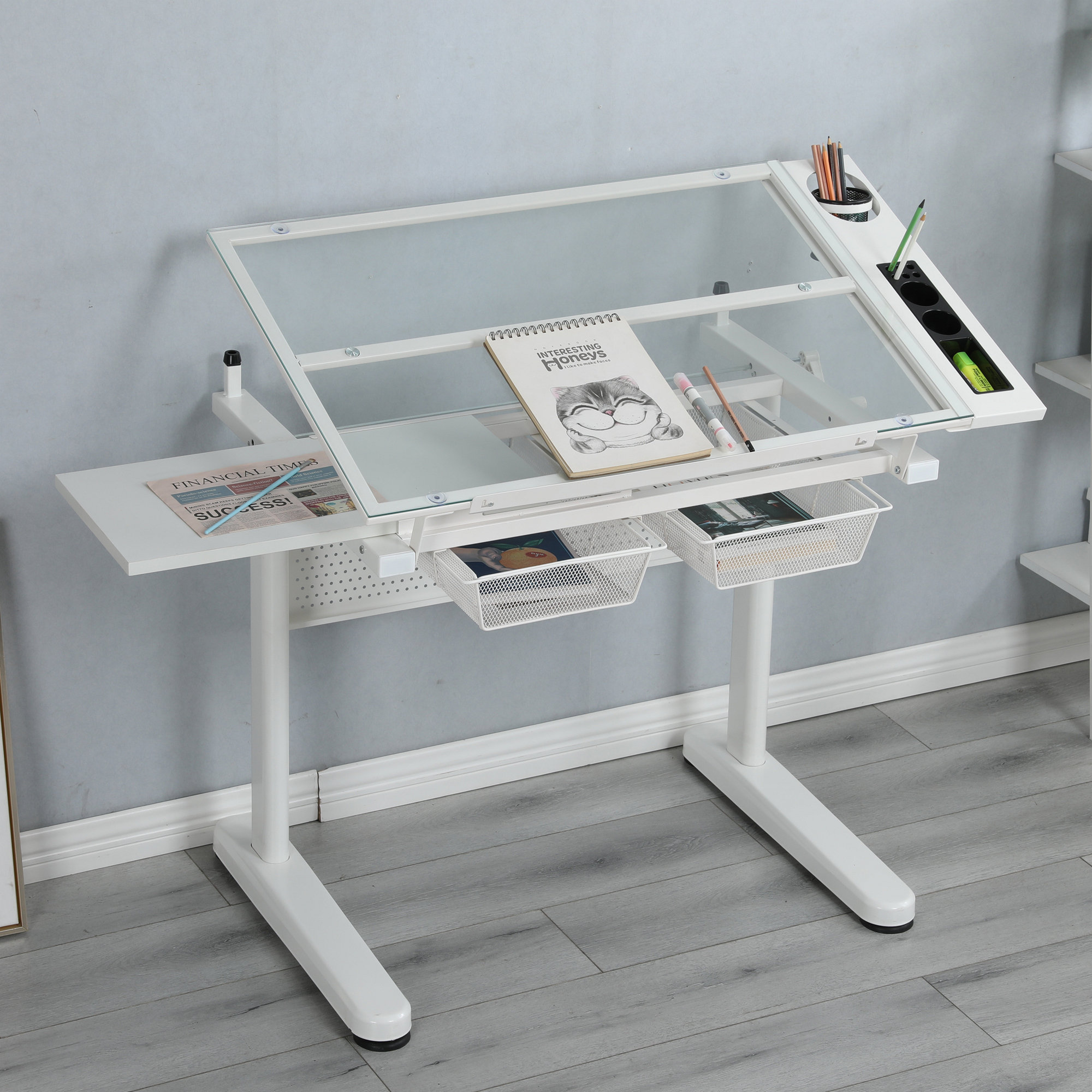 Inbox Zero Hand Crank Adjustable Drafting Table Drawing Desk With 2 ...