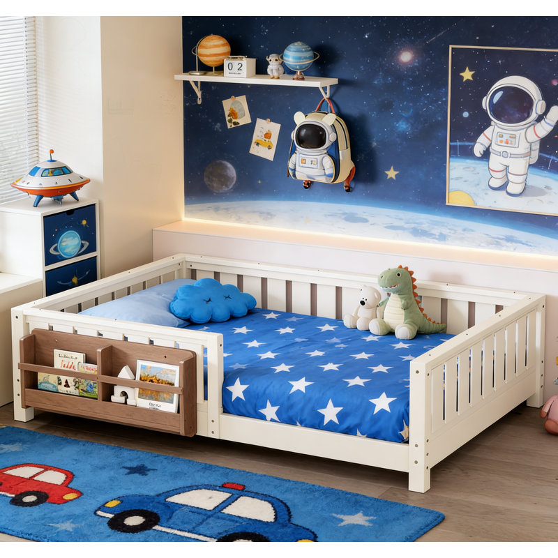 Harriet Bee Queen-Sized Bed, Floor Bed With Bookshelf And Child Safety ...
