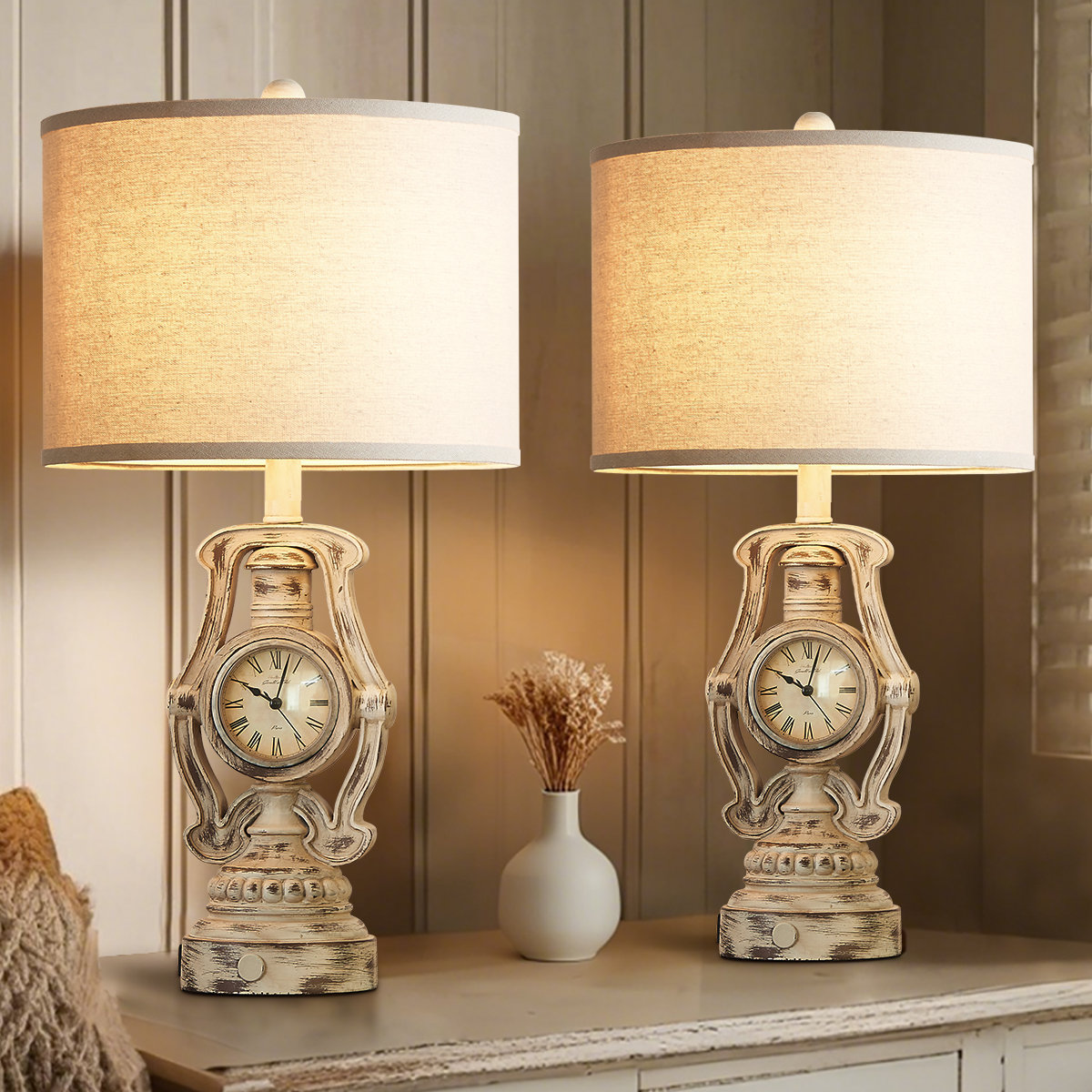 One Allium Way® 25″ Vintage Clock Table Lamps with Silent Clock, 3-Way Touch Dimming & USB A+C ...