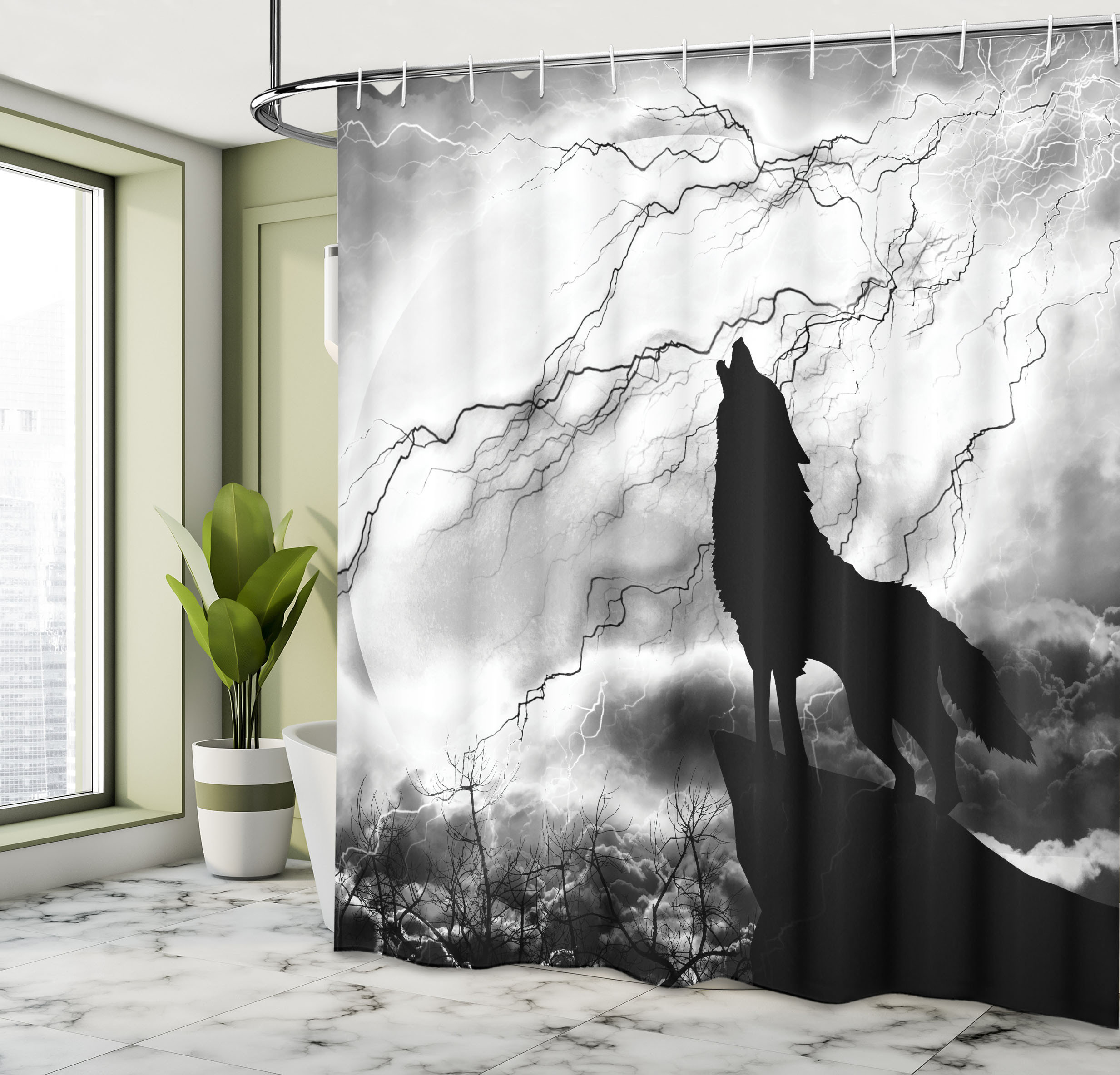 East Urban Home Wolf Shower Curtain Howling Under Full Moon | Wayfair