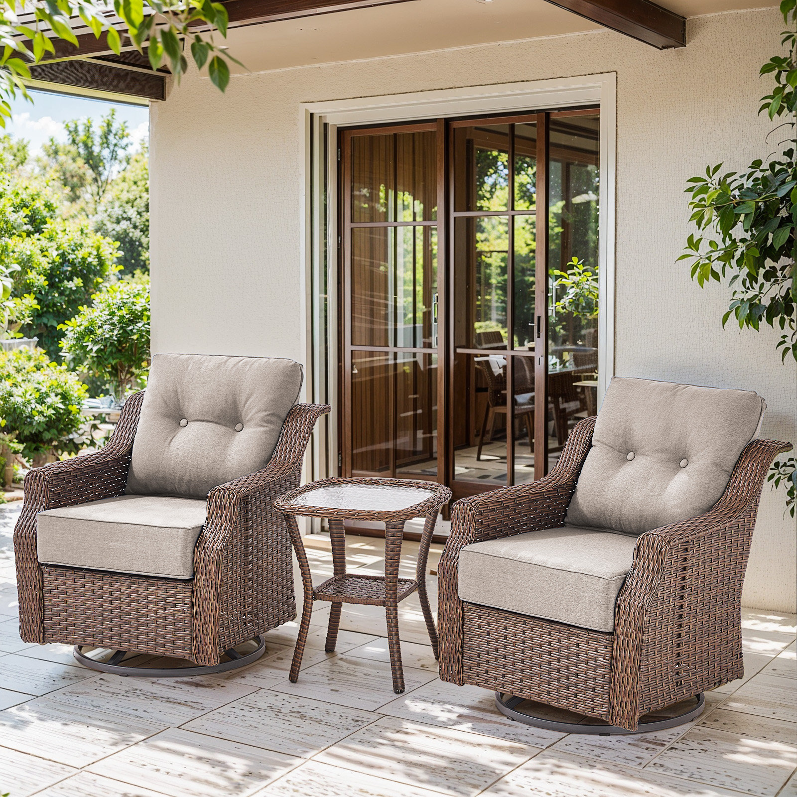 Red Barrel Studio® Patio Rattan Swivel Glider Chair & Side Table Set ...