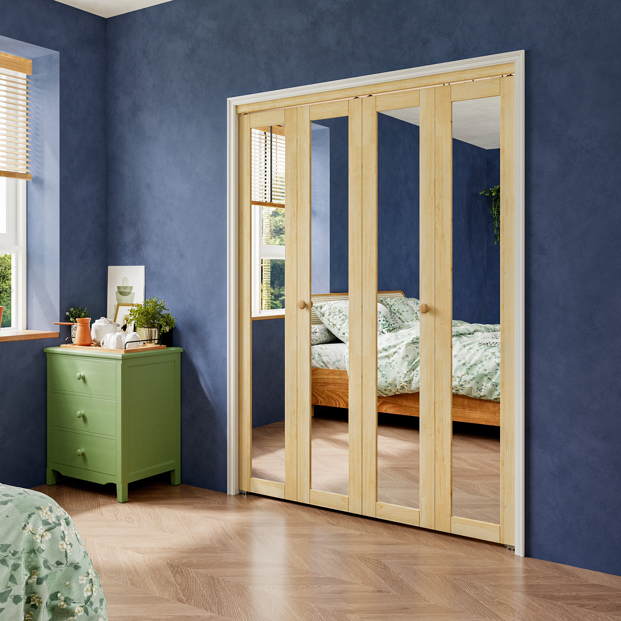 Home Worthy Double Pine Wood Unfinished 1 Lite Mirror Bi-Fold Door With ...