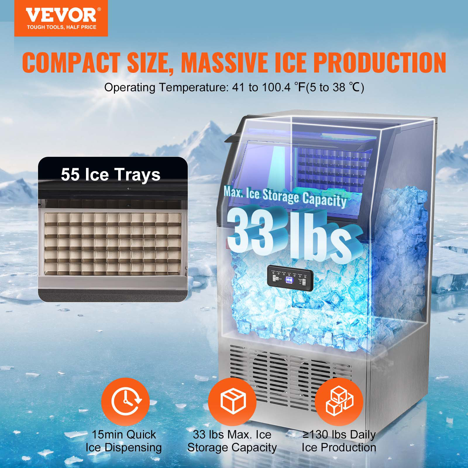 VEVOR 130 Lb. Daily Production Cube Clear Ice Freestanding Ice Maker ...