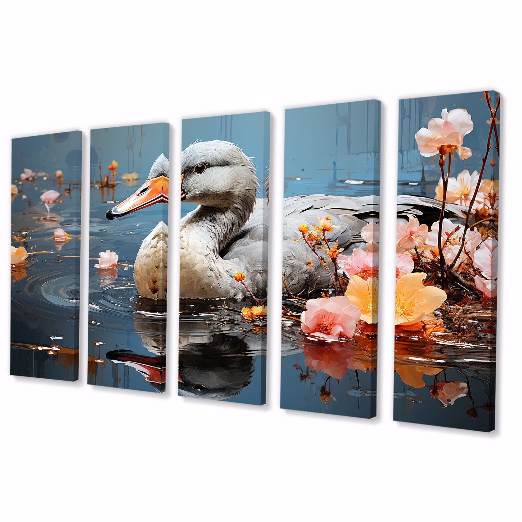 August Grove® Grey Duck Floral Swims I - Duck 5 Piece Wall Art Decor ...