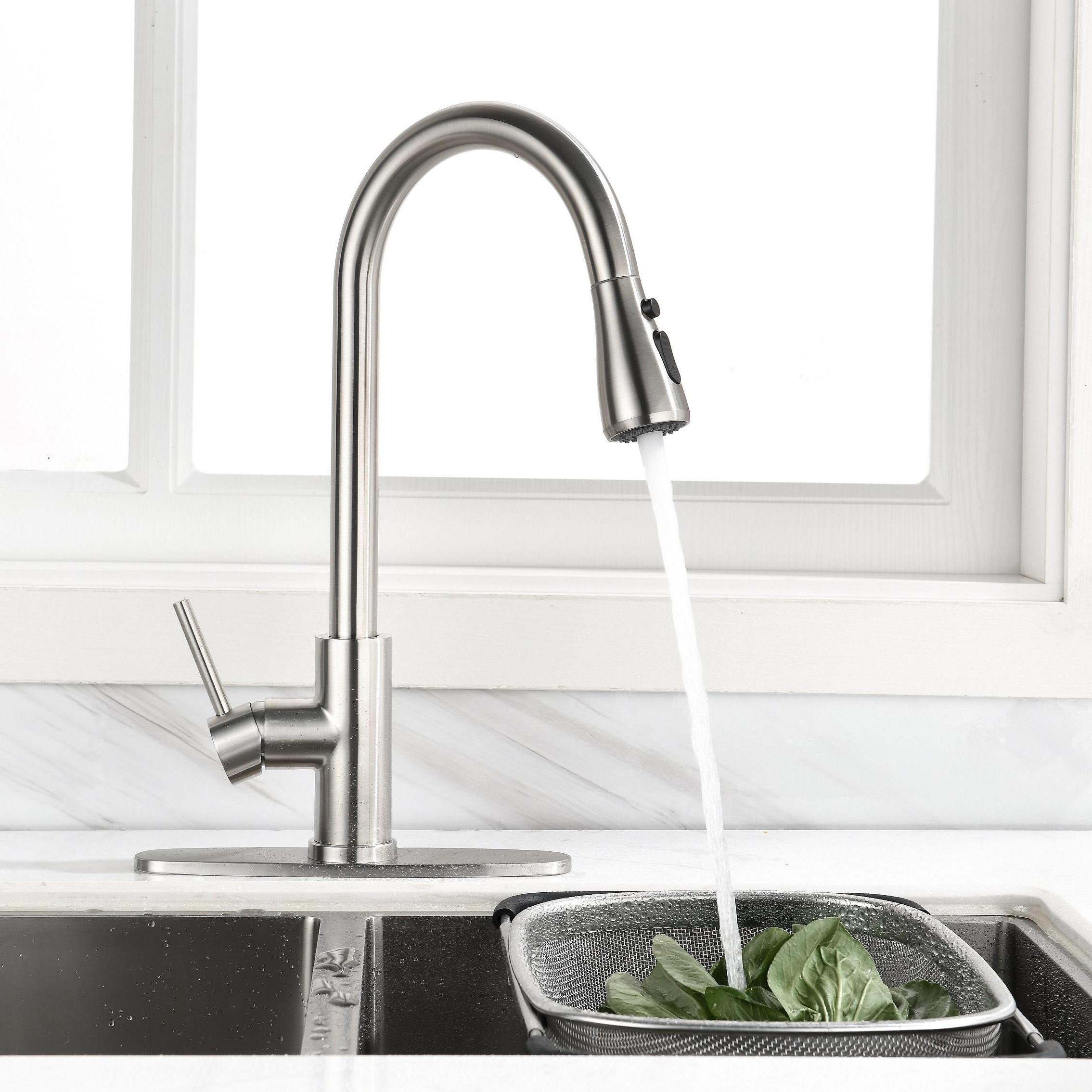 KISRAIS Single Handle High Arc Brushed Nickel Pull Out Kitchen Faucet ...