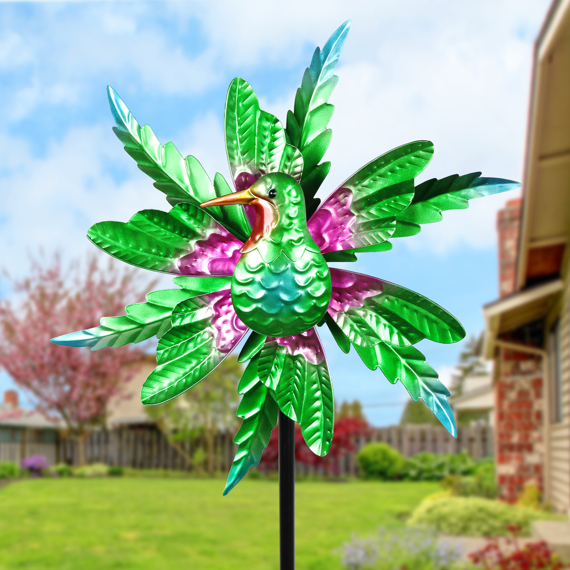 Exhart Metallic Kinetic Hummingbird Garden Stake with Double Spinning ...