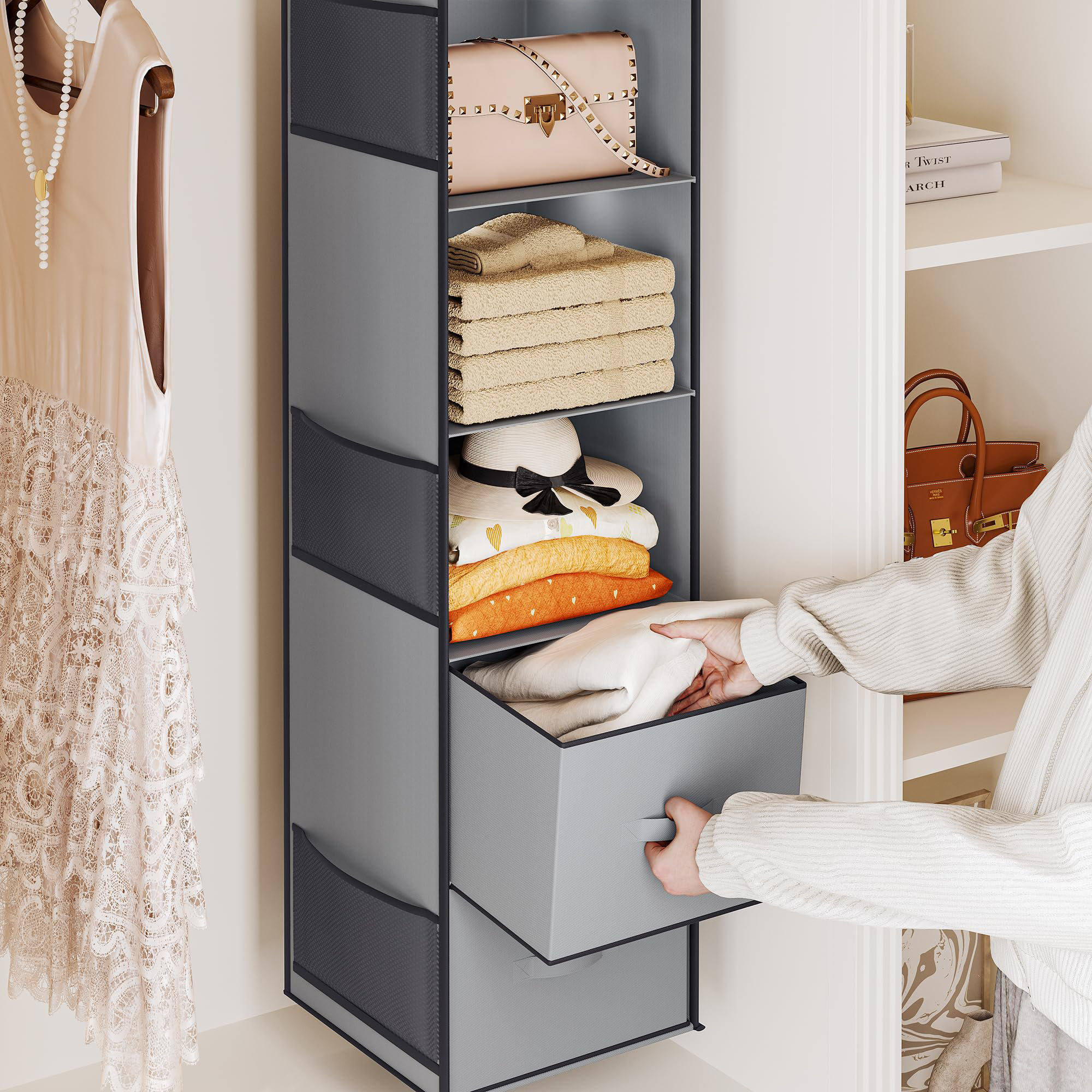 Rebrilliant 5-Tier Hanging Closet Organizer With Drawers And 6 Side ...