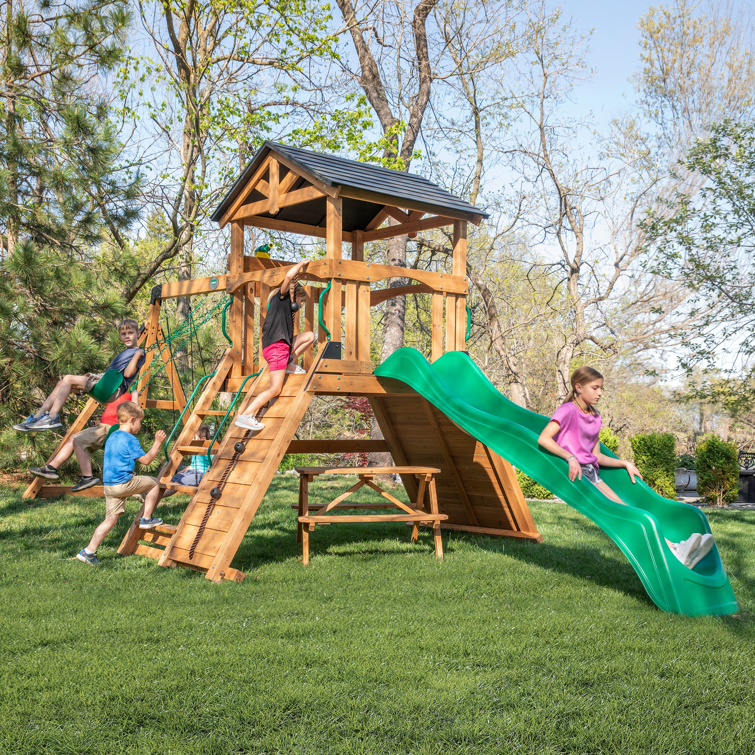 Backyard Discovery Endeavor II Cedar Wood Swing Set with Wave Slide ...