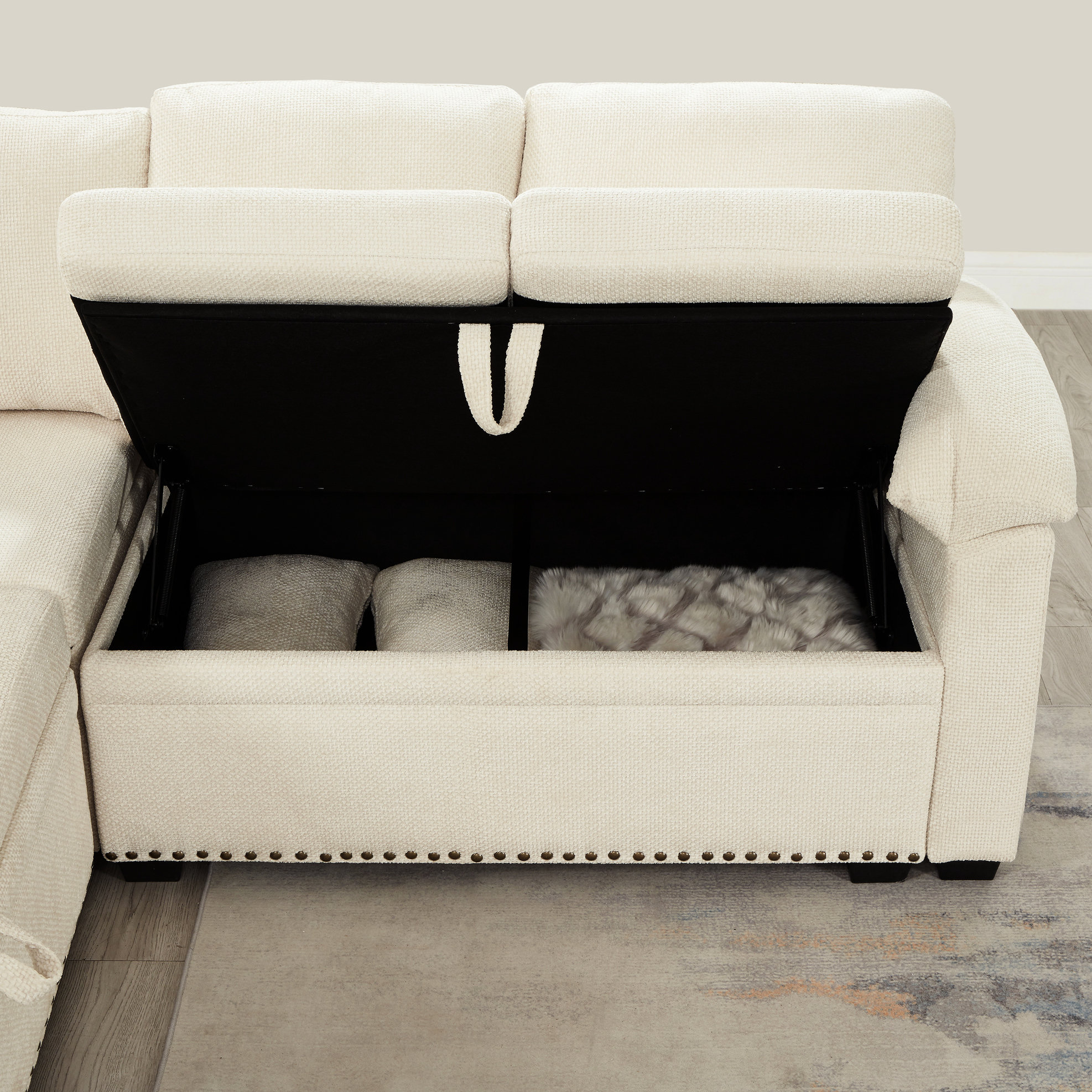 Lark Manor™ Beige Sectional With Chenille Upholstery, Storage, 7 Seats ...